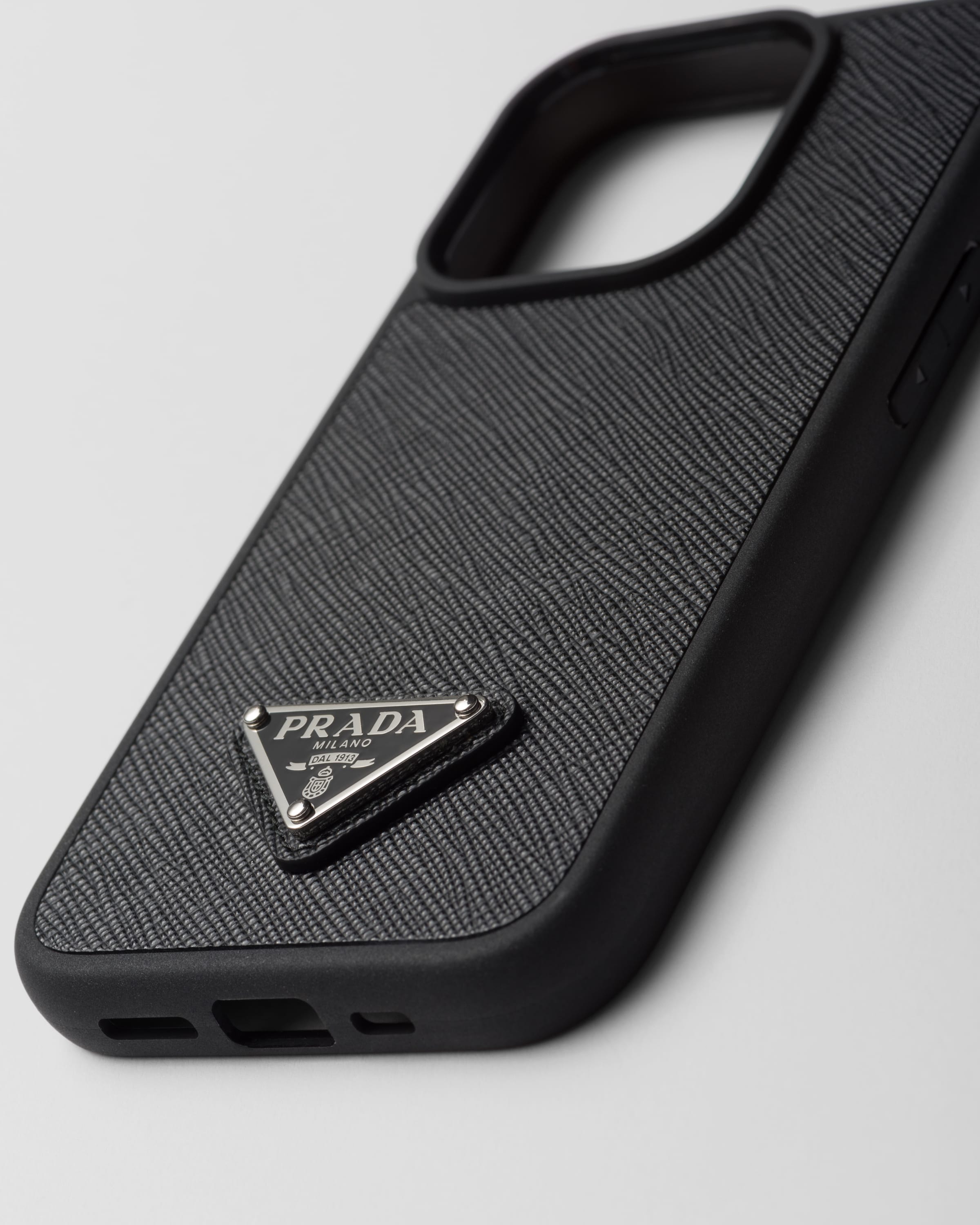 Prada Saffiano Leather Cover For Iphone 15 Pro - Black | Editorialist