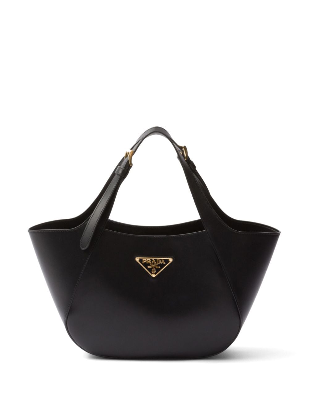 バッグ PRADA ENAMEL LEATHER LOGO TOTE HAND BAG Prada Medium Leather Tote Bag With Enamel Triangle Logo - Black