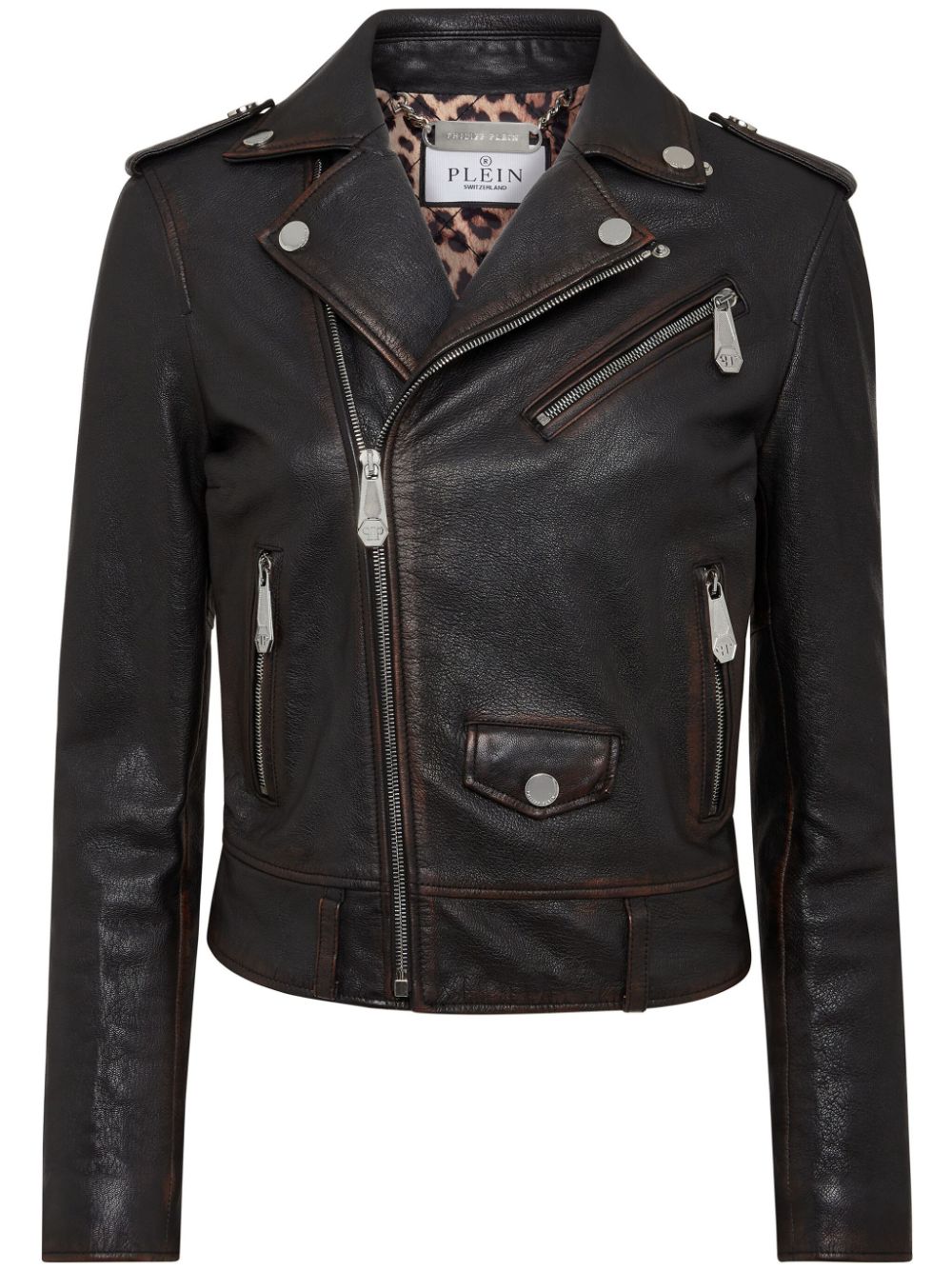 PHILIPP PLEIN Logo-Patch Leather Biker Jacket