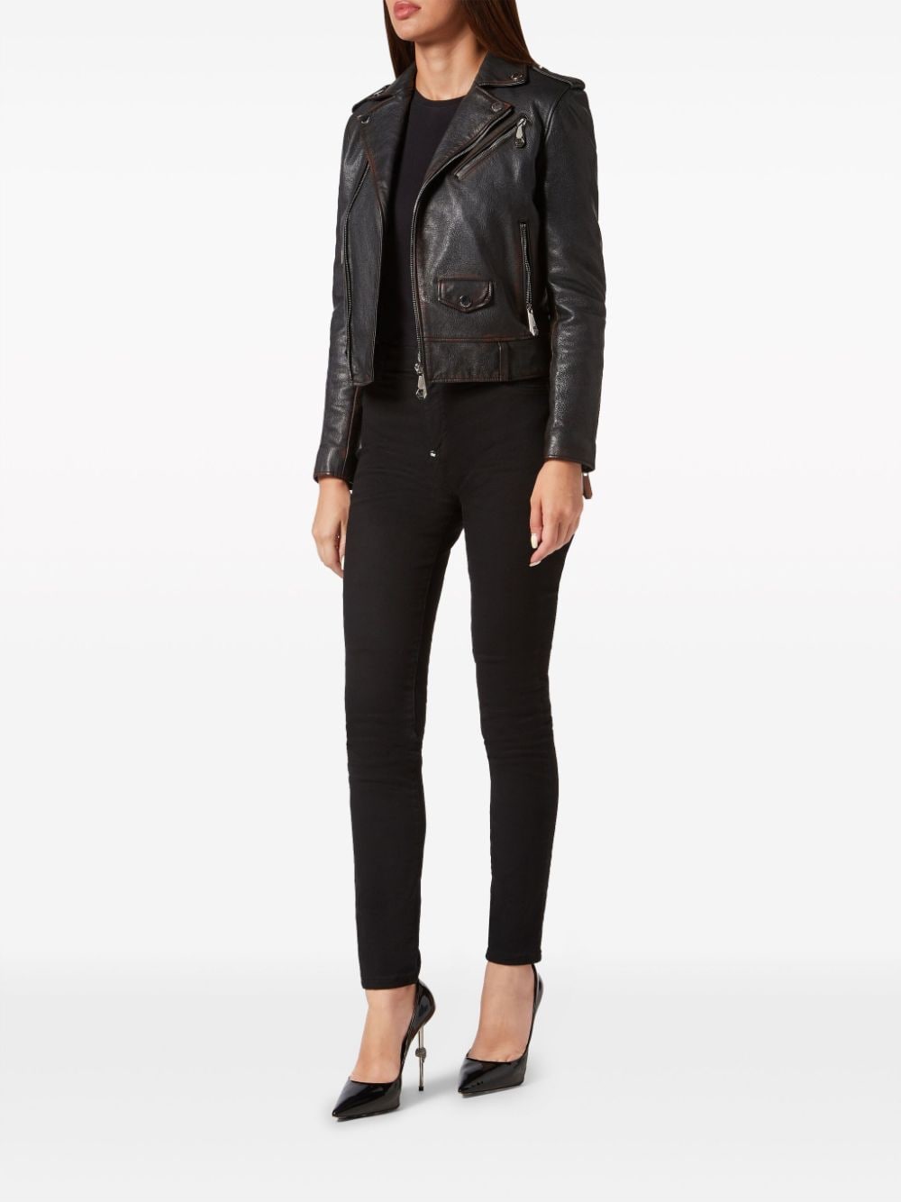 PHILIPP PLEIN Logo-Patch Leather Biker Jacket