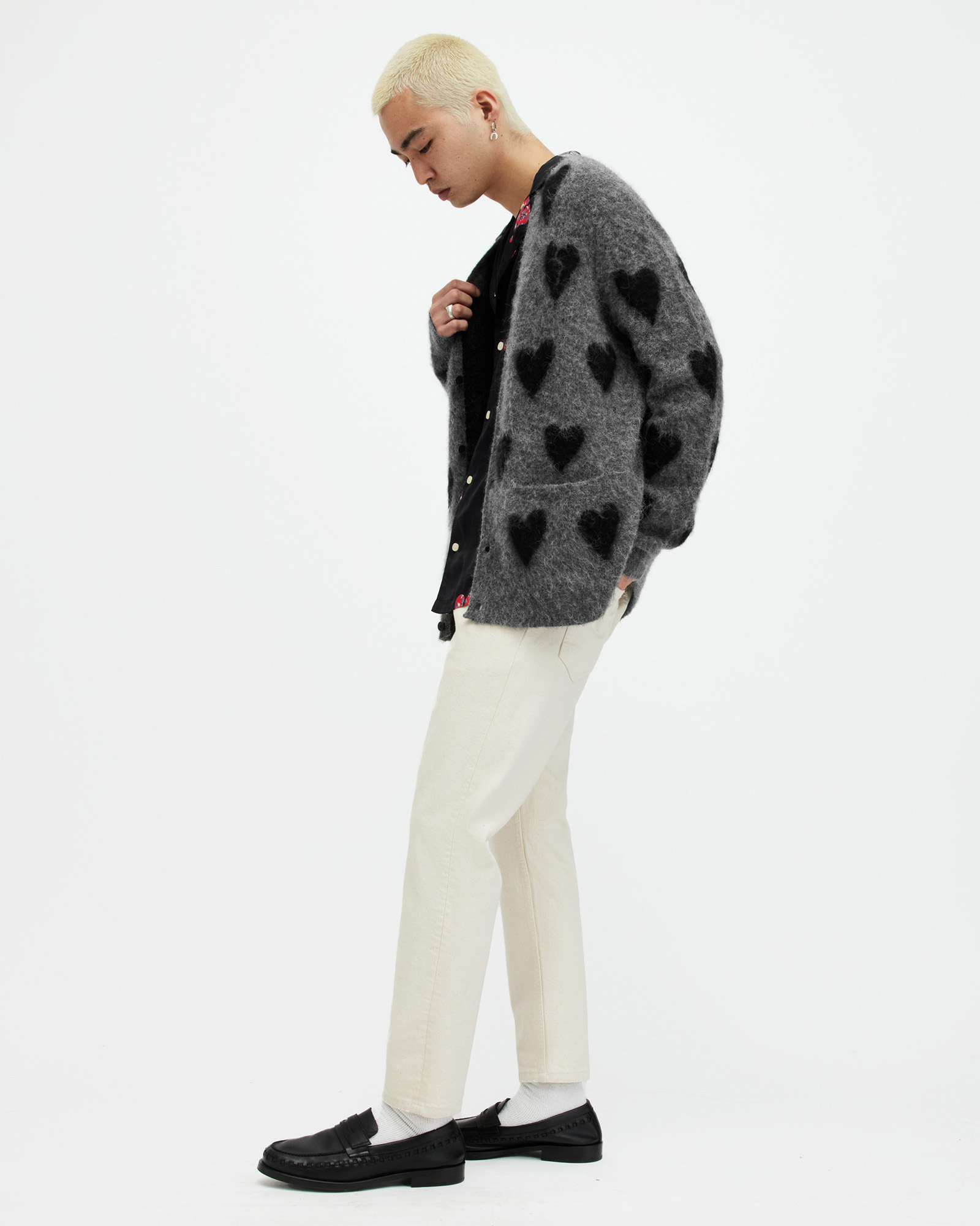 Allsaints Amore Heart Motif Relaxed Fit Cardigan In Grey/Black