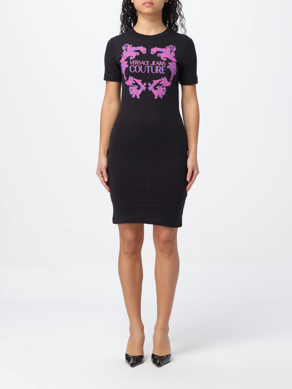 VERSACE Versace Jeans Couture Black T-Shirt Dress with Logo Print