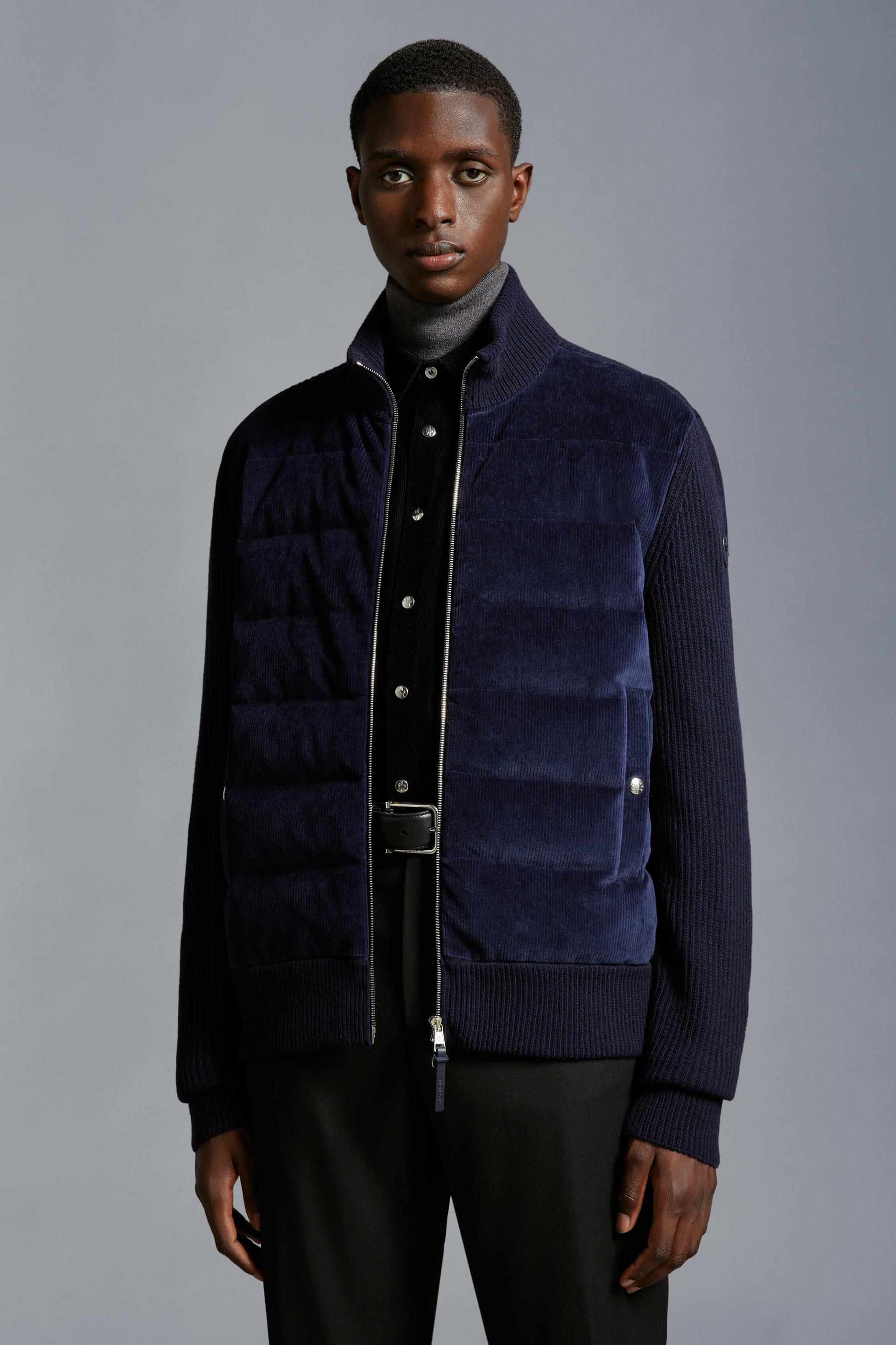 Moncler Padded Wool & Velvet Cardigan - Blue | Editorialist
