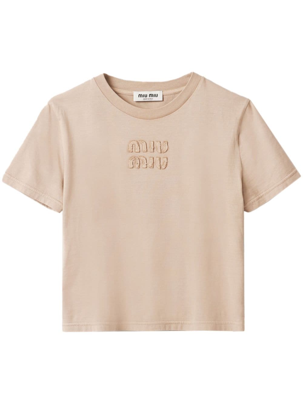 MiuMiu ロゴ入り Tシャツ ベージュ Miu Miu Logo-Embroidered T-Shirt - Neutrals | Editorialist
