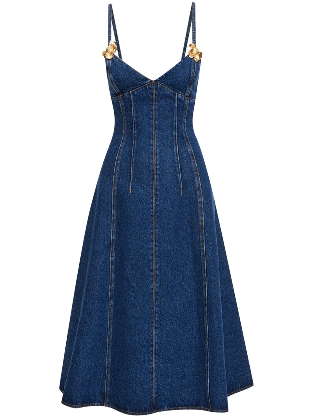 oscar de la renta denim dress Oscar de la Renta Square-Neck Pleated Bow-Shoulder Denim Mini Dress