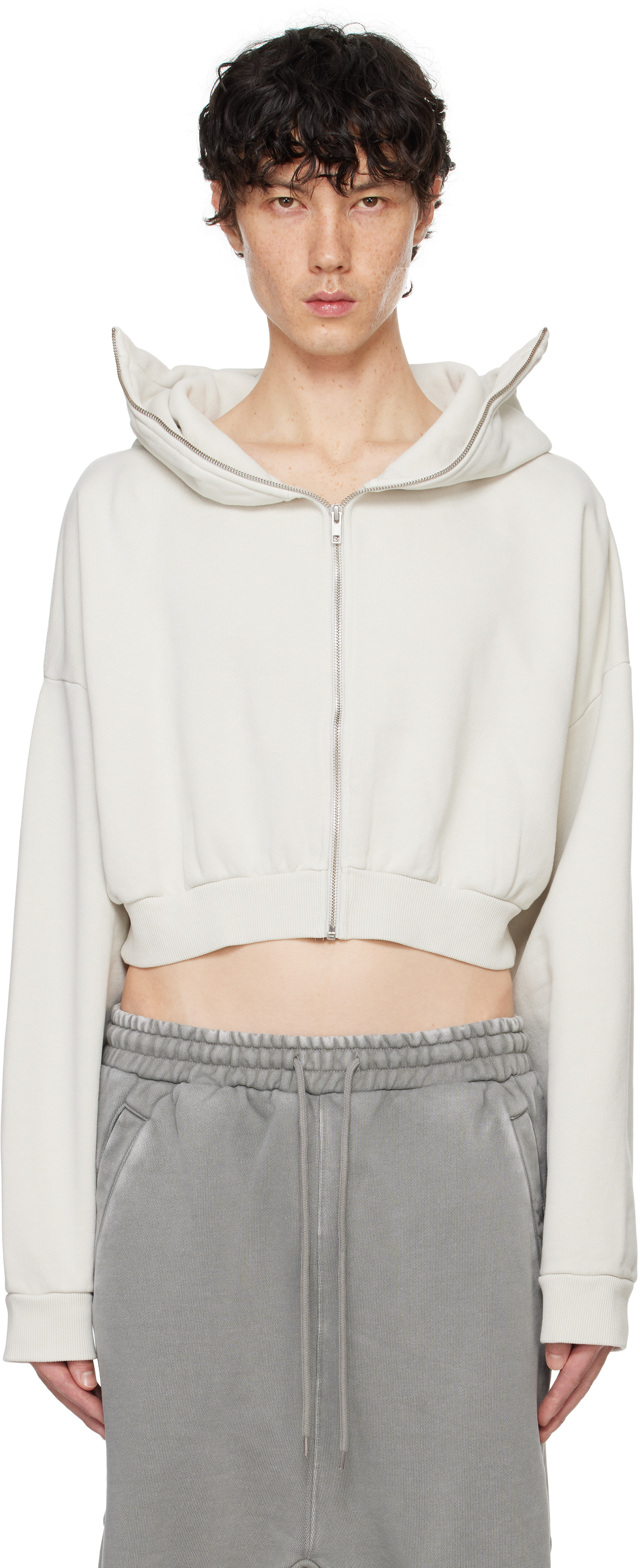 Entire Studios Off-White Cropped Full Zip Hoodie In Rice - 40% Off 