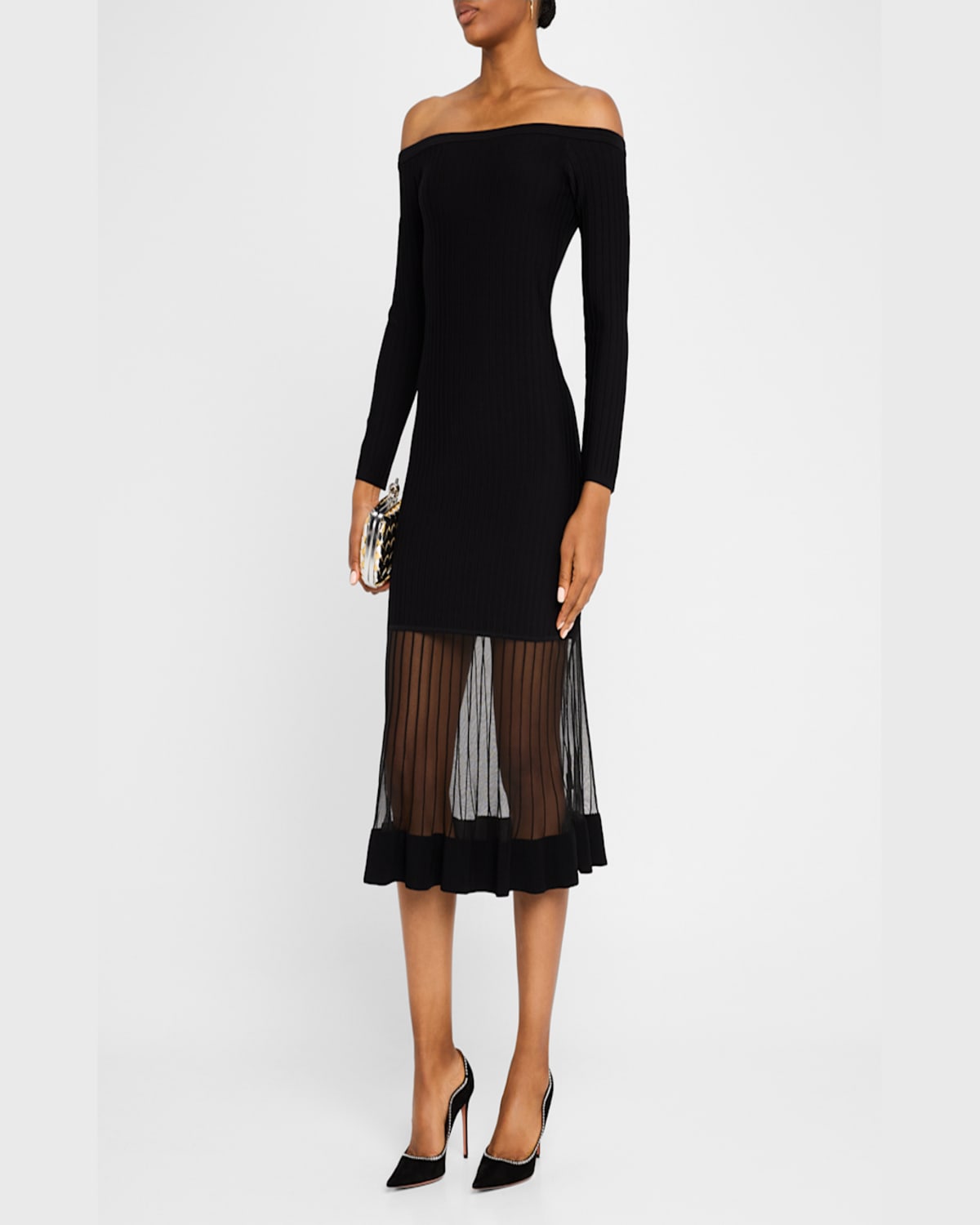 Milly Off-Shoulder Knit Midi Dress With Sheer Inset - Black - 11% Off |  Editorialist