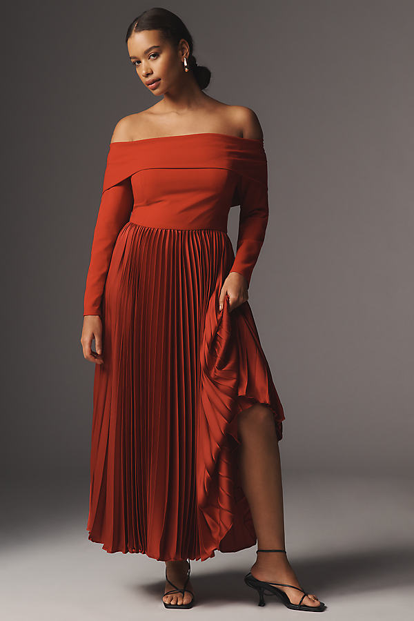 HUTCH Long-Sleeve Off-The-Shoulder Pleated Maxi Dress