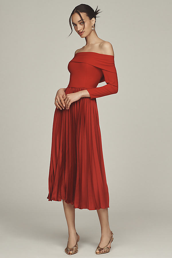 HUTCH Long-Sleeve Off-The-Shoulder Pleated Maxi Dress