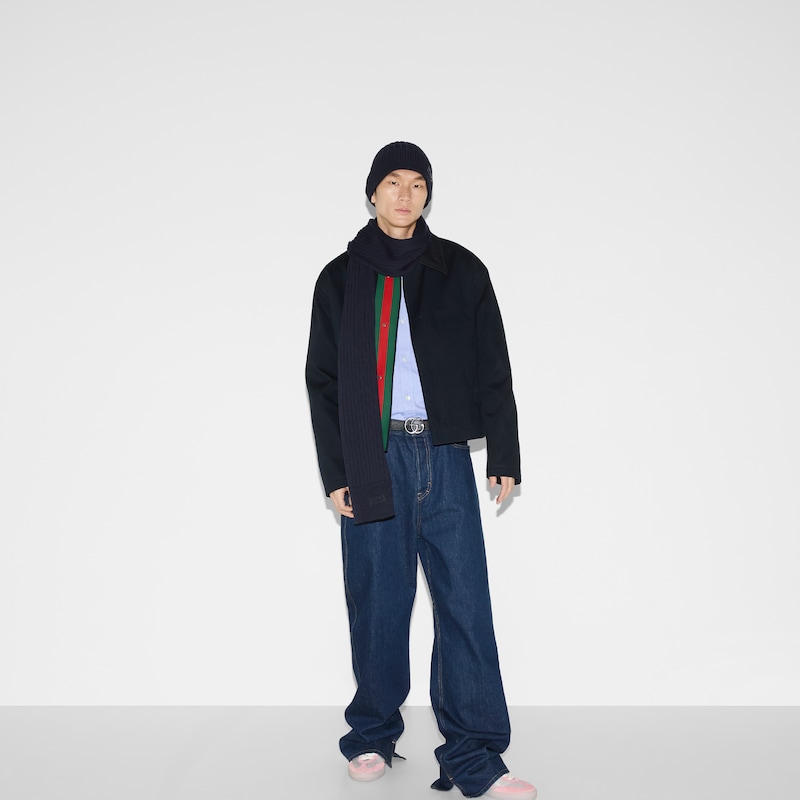 GUCCI knit wool scarf with logo, blue