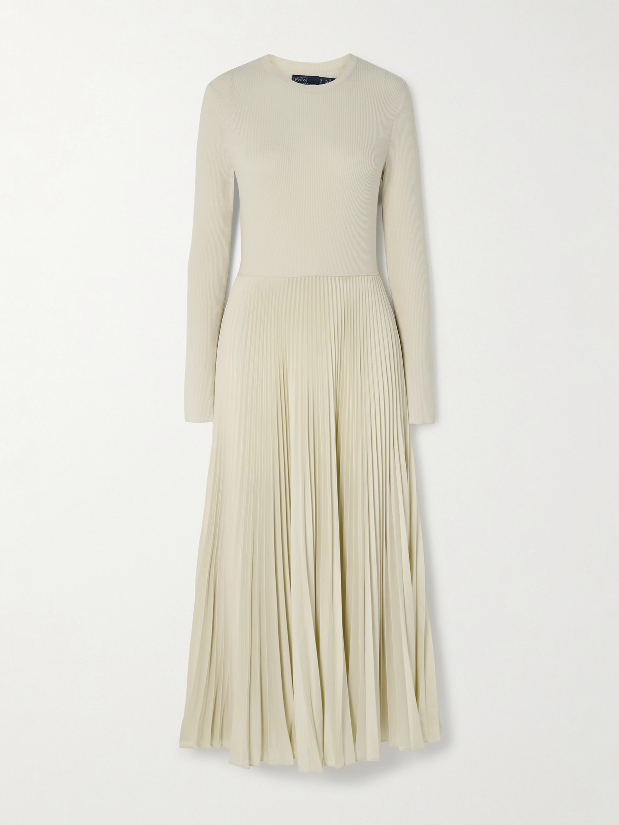 Ralph Lauren Pleated Wool Ribbed-Knit Midi Dress - Cream | Editorialist