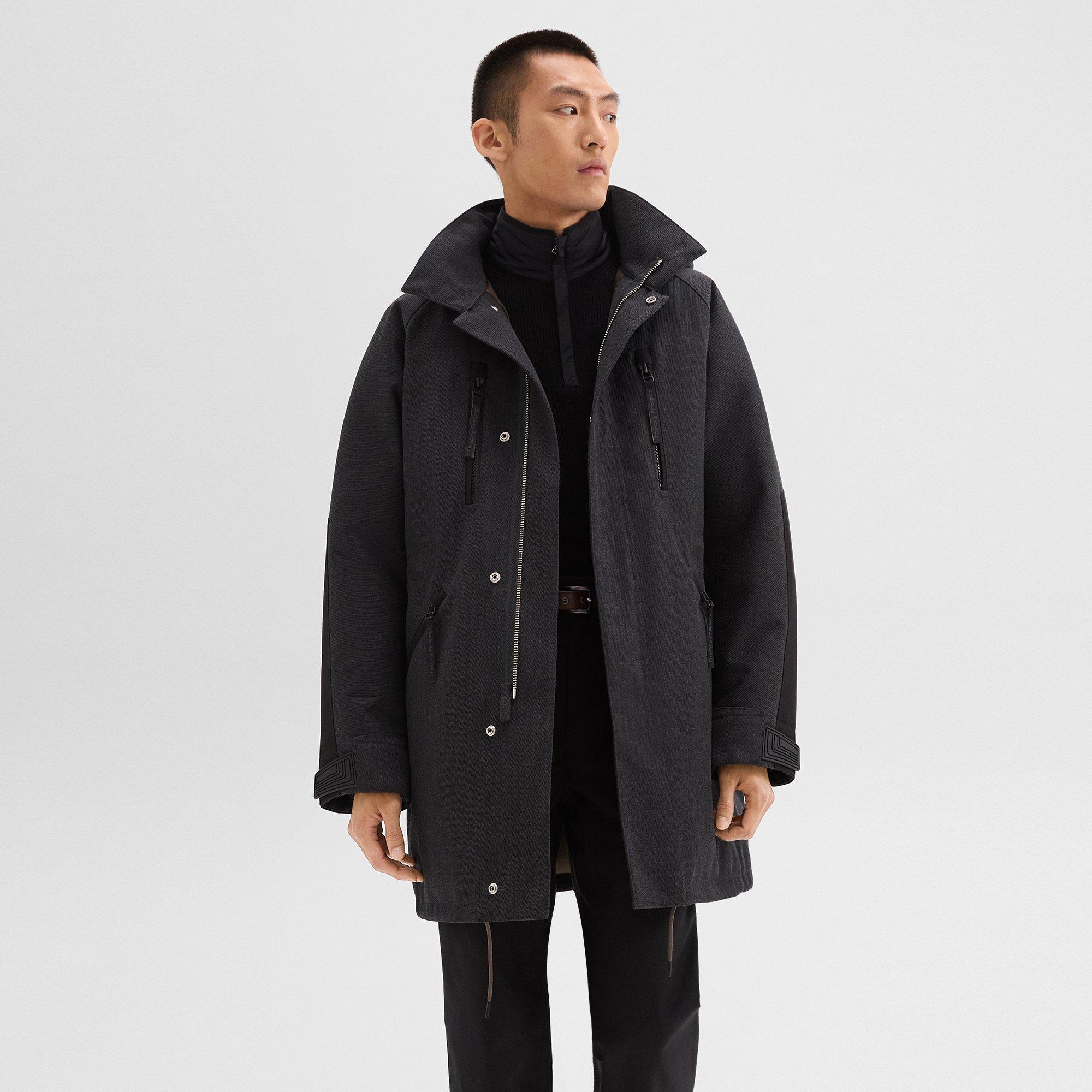 Theory Hooded Parka In Wool-Blend Twill In Charcoal - 60% Off