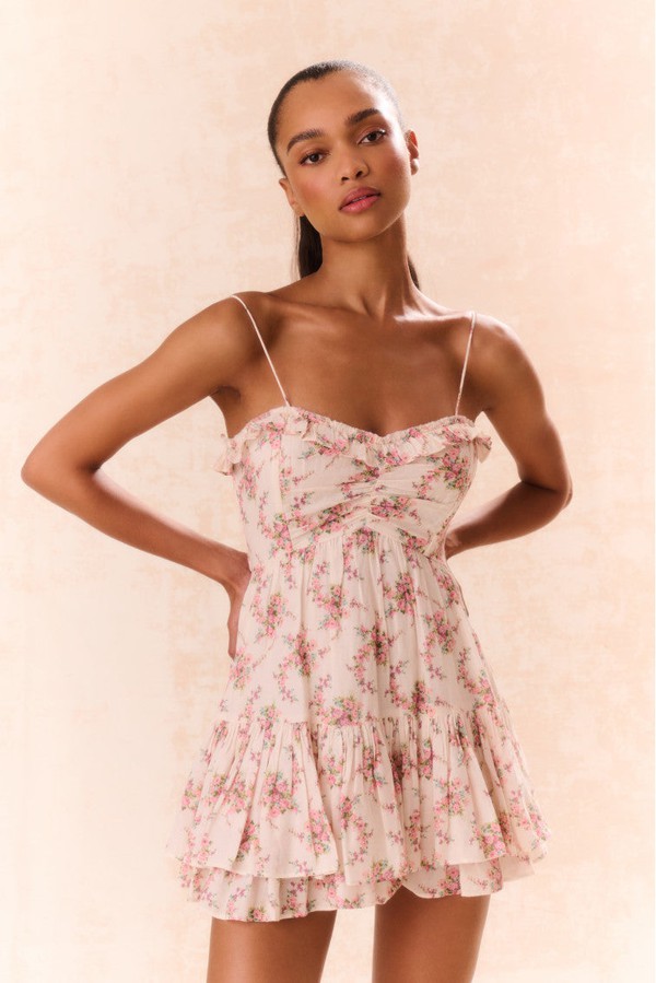 knee length dresses for ladies Lane Floral Jacquard Mini Dress in Pink/Green main image 0