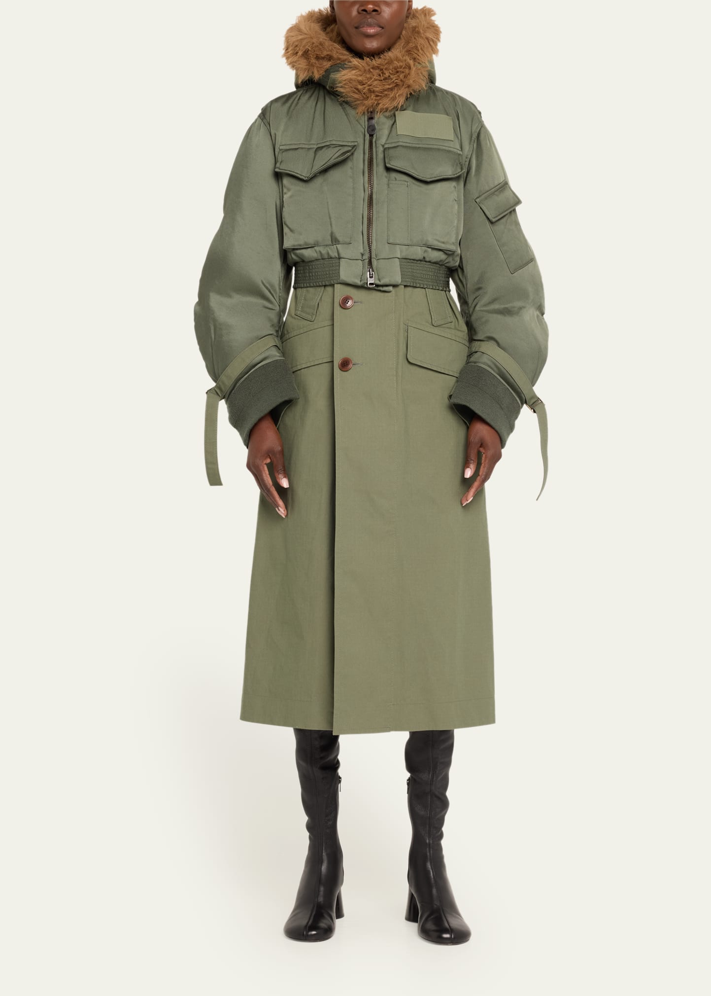 Sacai Spiewak Trench Hybrid Coat With Faux Fur Trim - Bkhaki