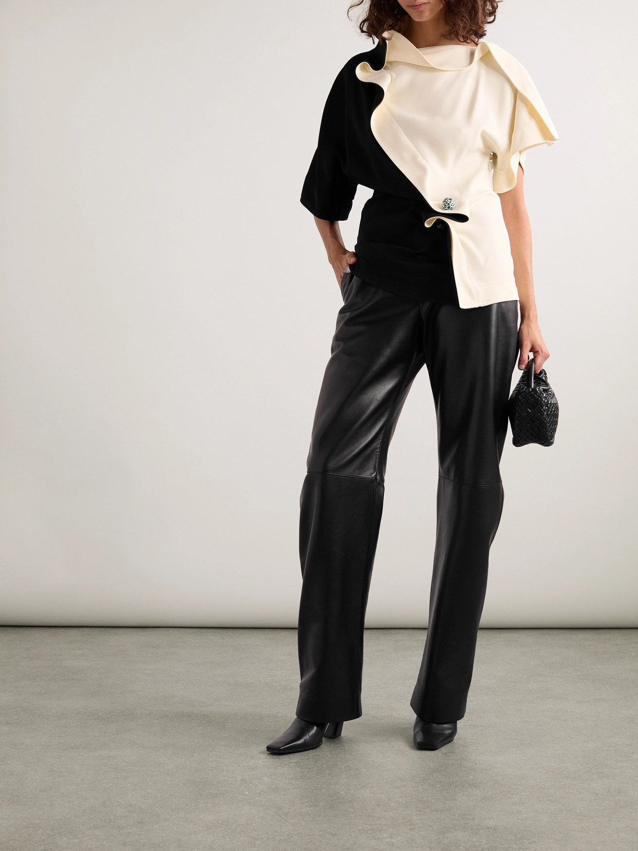BOTTEGA VENETA Bottega Veneta Embellished Ruffled Two-Tone Crepe Top
