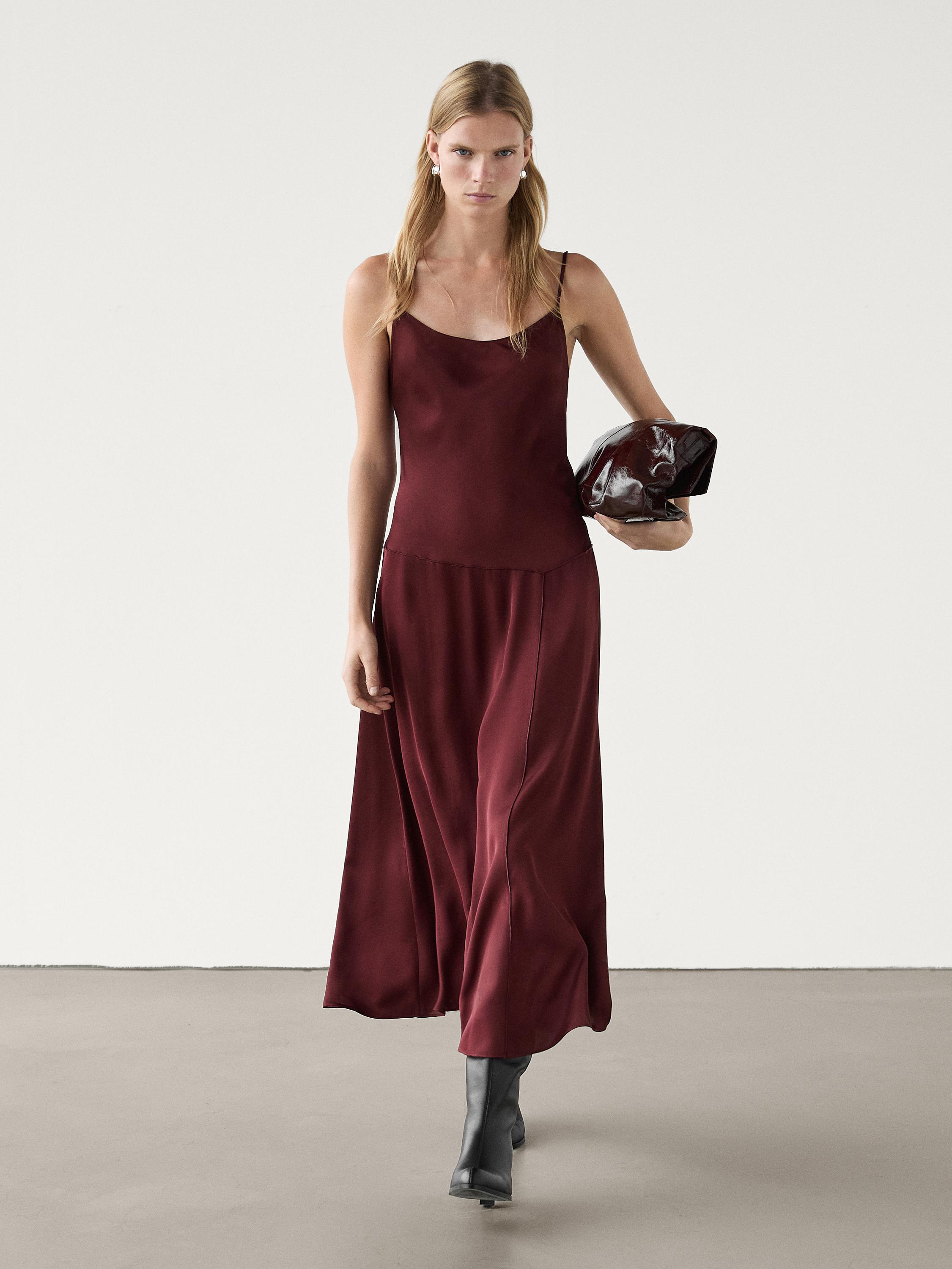 massimo dutti brown slip dress 100% silk gathered midi dress Mole Brown Dress