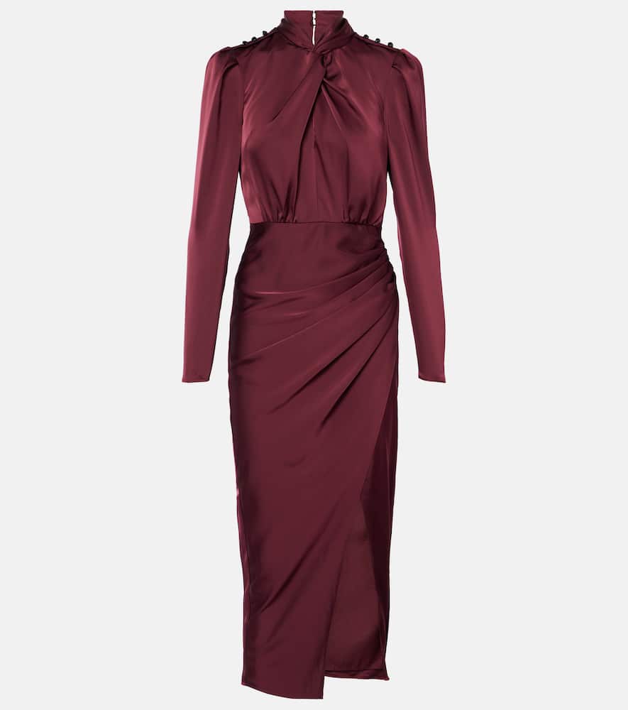 burgundy satin dress midi Elegant Sleeveless Burgundy Ruffle Evening Gown with Side Slit