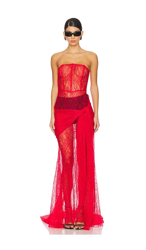 open lace back dress Mesh Wrap Gown in Ruby Red  Kim Shui Studio