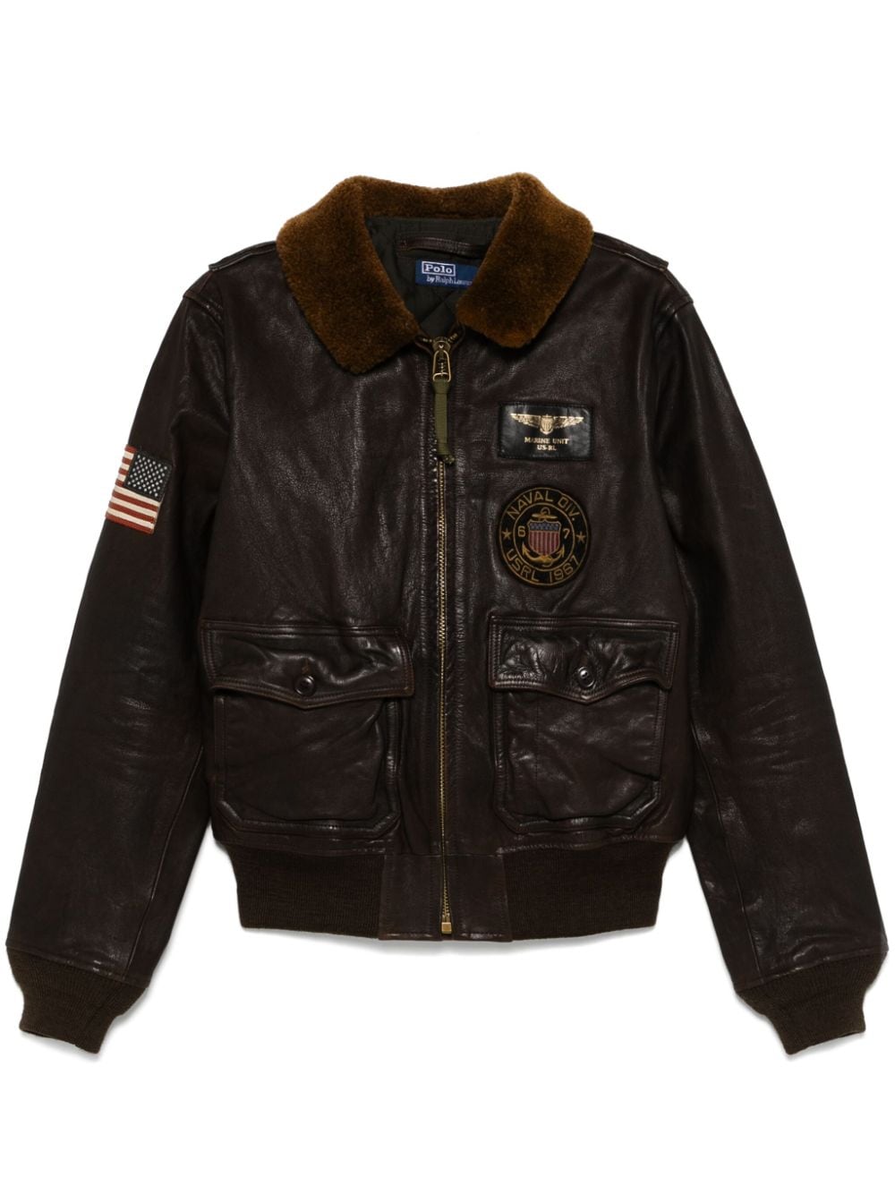 Ralph Lauren Shearling-Collar Leather Bomber Jacket - Brown