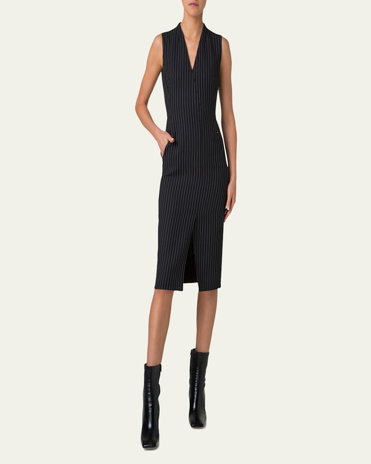 Akris V-Neck Pinstripe Sleeveless Dress - Black-Ecru | Editorialist