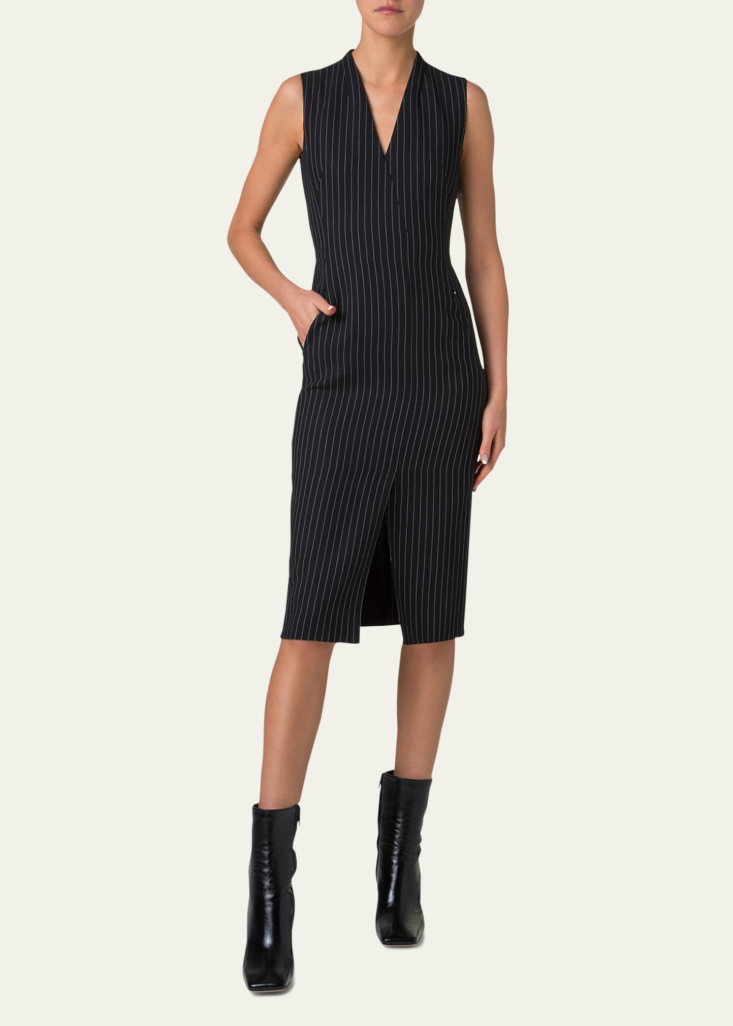 Akris V-Neck Pinstripe Sleeveless Dress - Black-Ecru | Editorialist