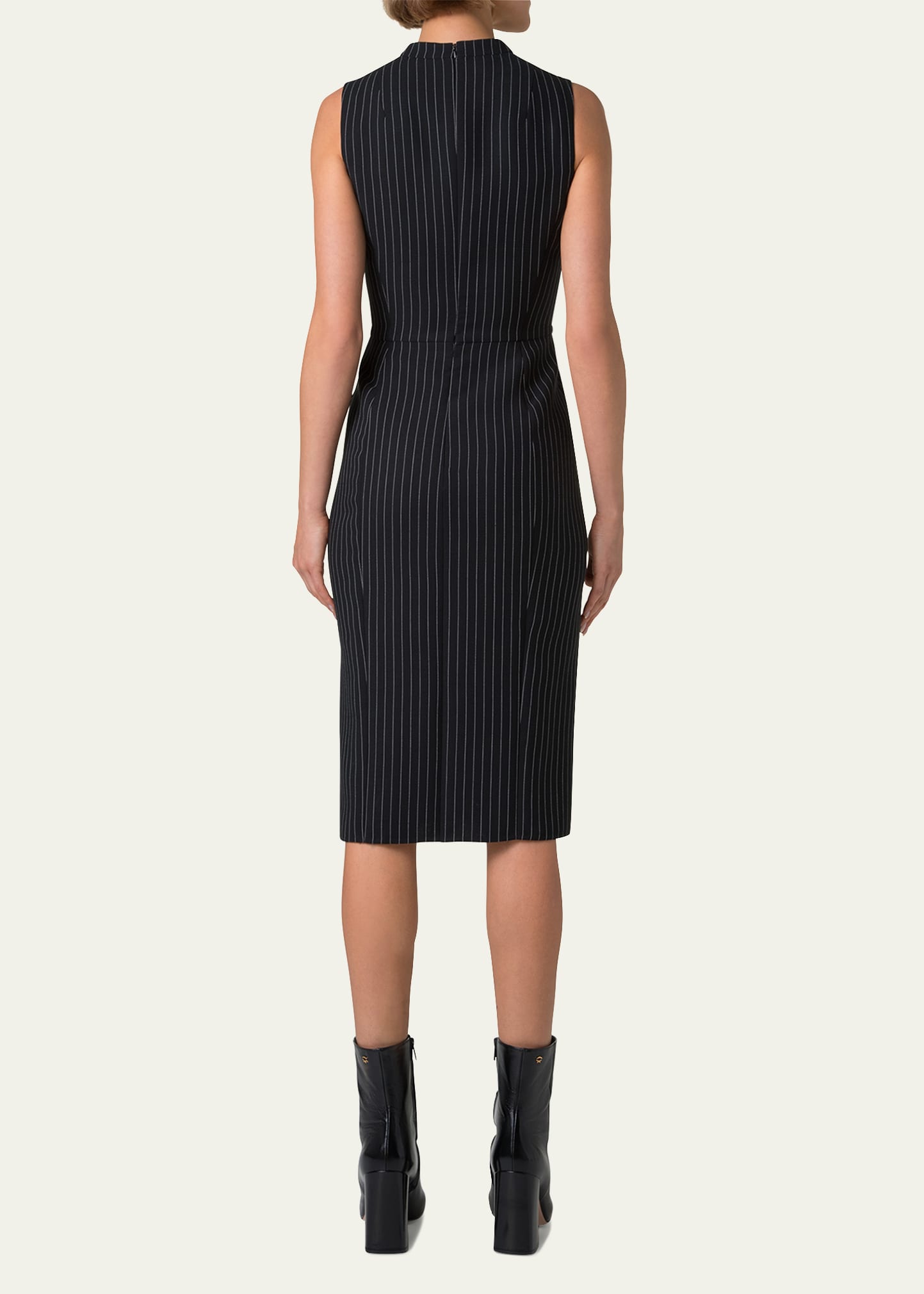 Akris V-Neck Pinstripe Sleeveless Dress - Black-Ecru | Editorialist