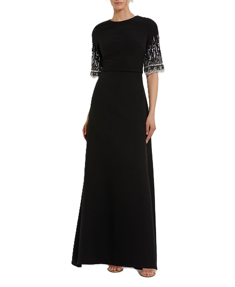 MAC DUGGAL Crepe A-Line Gown with Beaded Sleeves