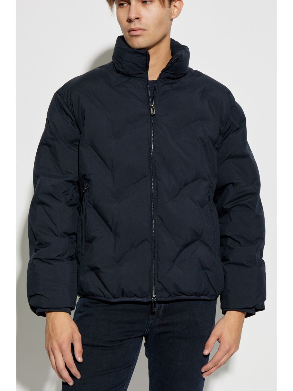 Emporio Armani High-Neck Puffer Jacket - Blue - 12% Off | Editorialist