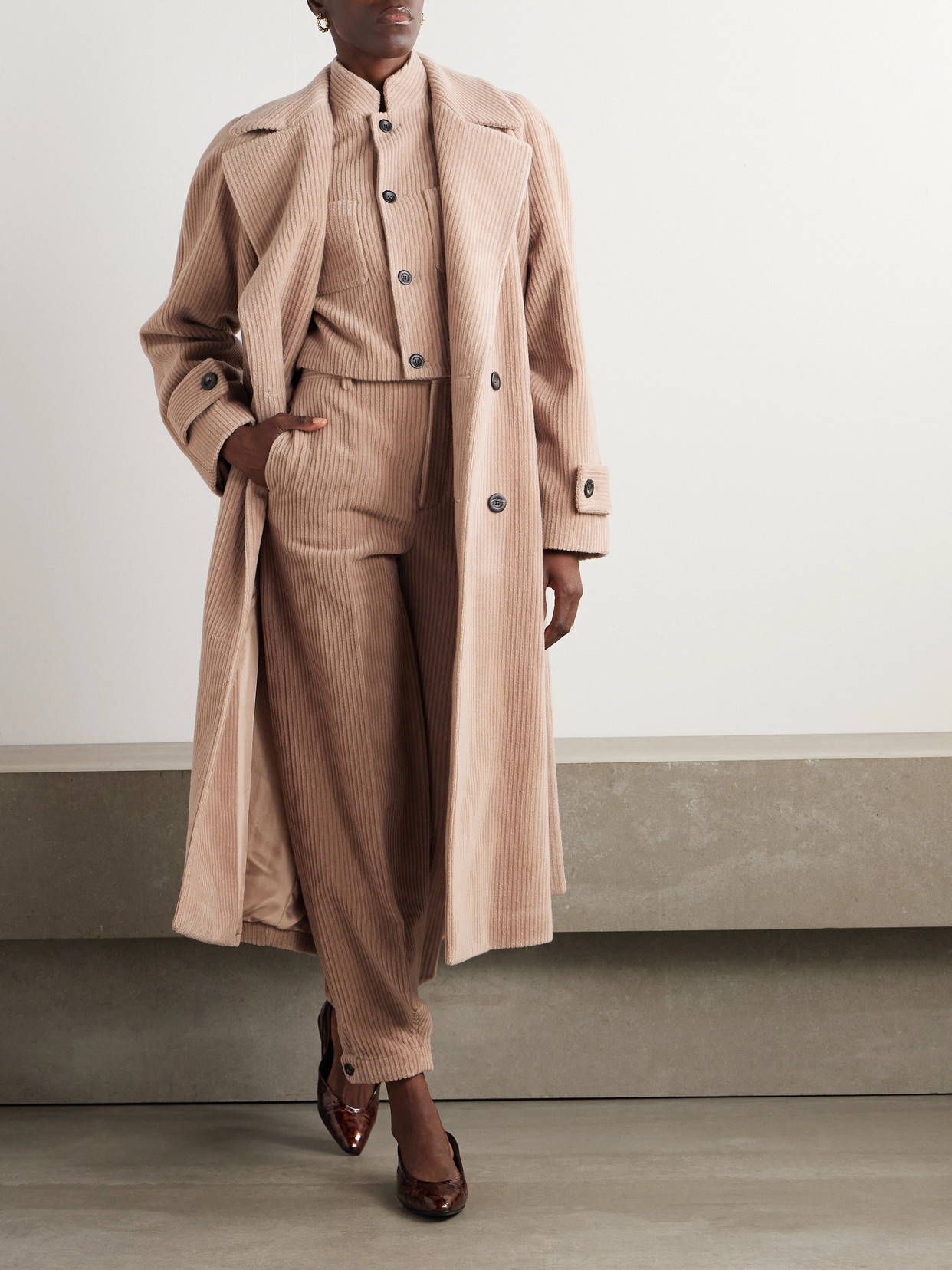 LORO PIANA Double-Breasted Belted Cashmere-Corduroy Trench Coat
