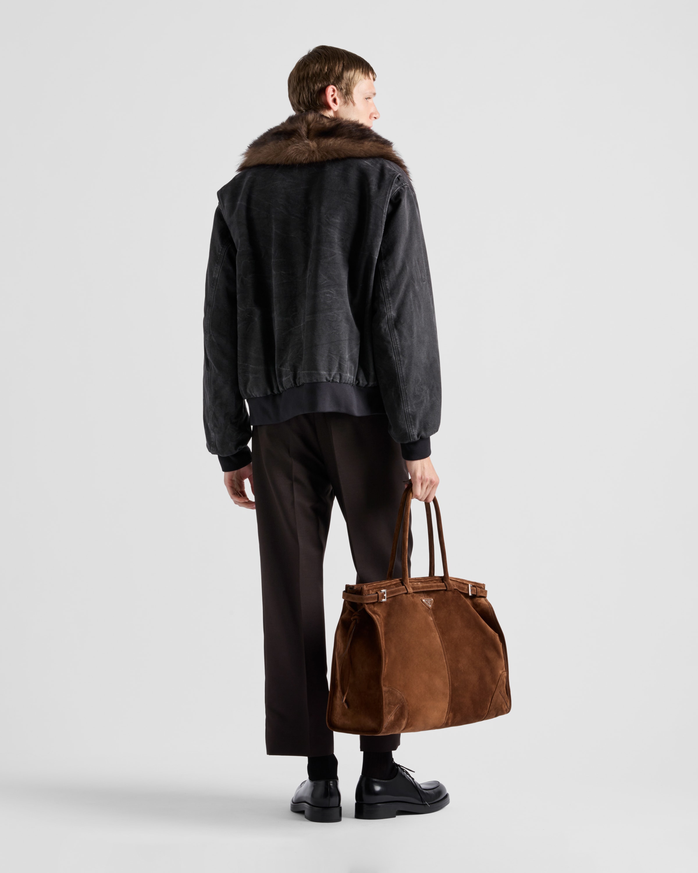 Prada Cotton Blouson Jacket With Shearling Collar - Black