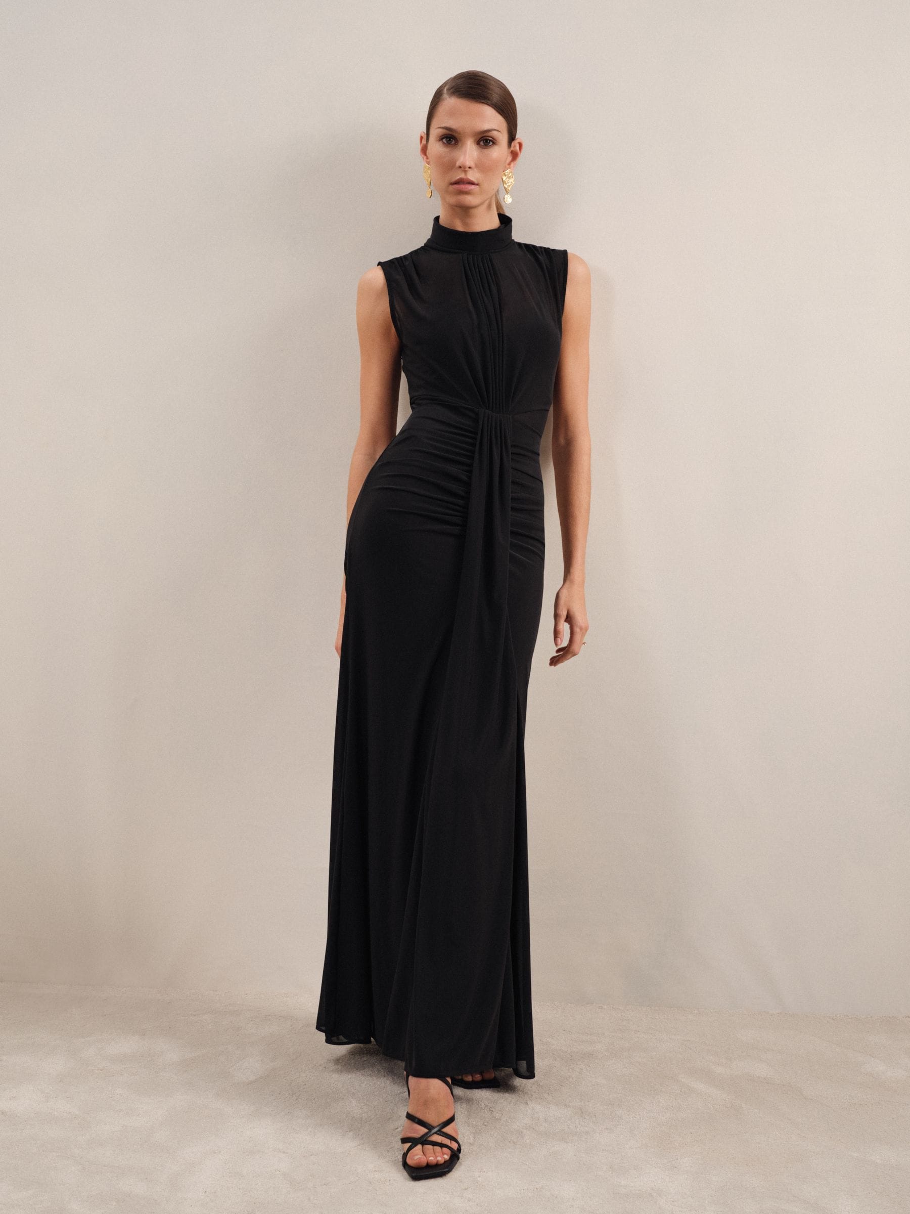 Reiss Ruched Sleeveless Maxi Dress - Black | Editorialist