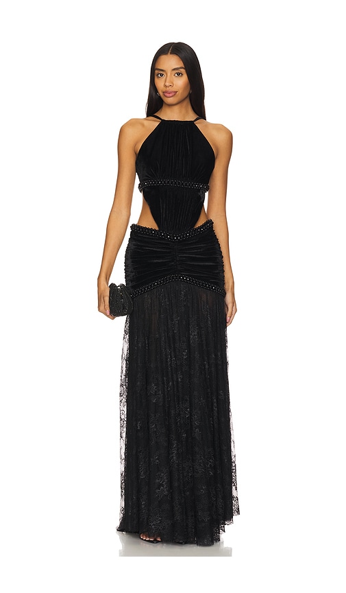 Patbo High Neck Velvet And Lace Gown In Black - 30% Off | Editorialist
