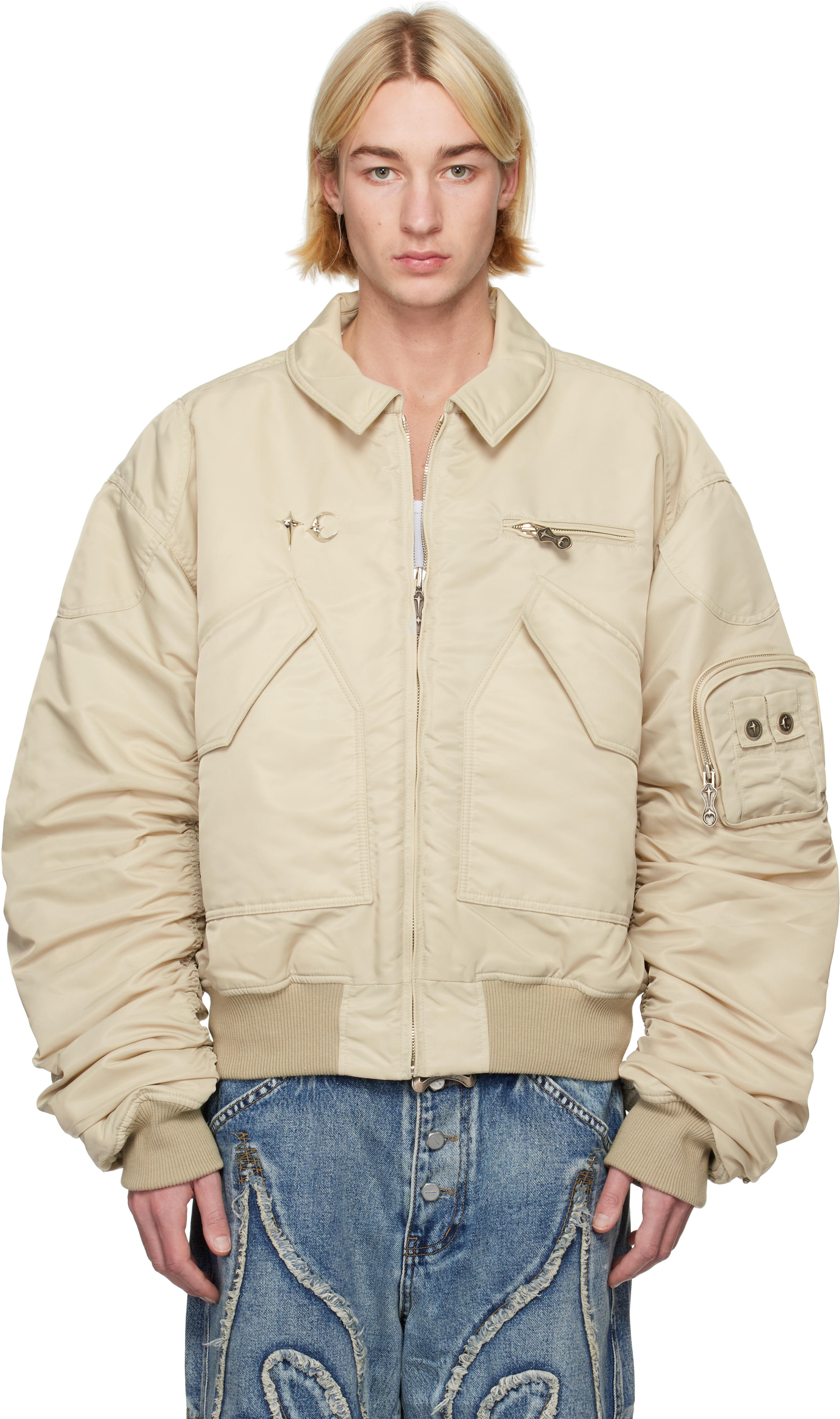 Thug Club A Wingless Bird' Bomber Jacket In Ivory - 50% Off