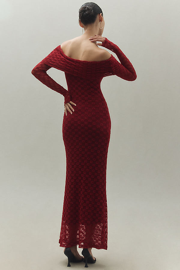 bardot adoni off the shoulder fitted stretch lace midi dress Bardot Adoni Off-The-Shoulder Fitted Stretch Lace Midi Dress - Red