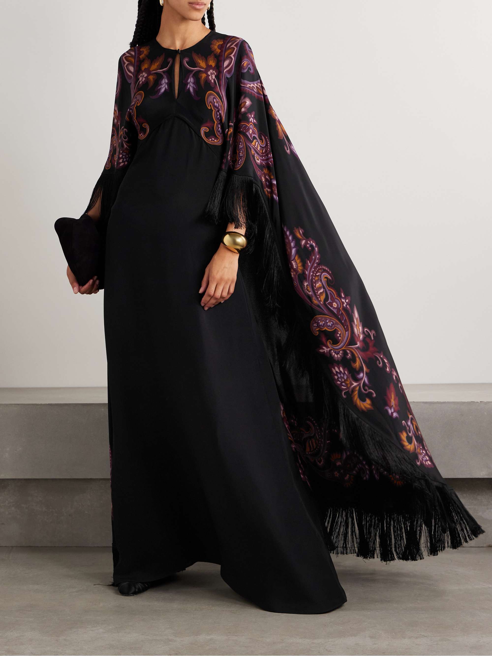 Etro Cape-Effect Fringed Paisley-Print Gown In Black - 30% Off | Editorialist Etro Cape-Effect Fringed Paisley-Print Gown In Black - 30% Off | Editorialist
