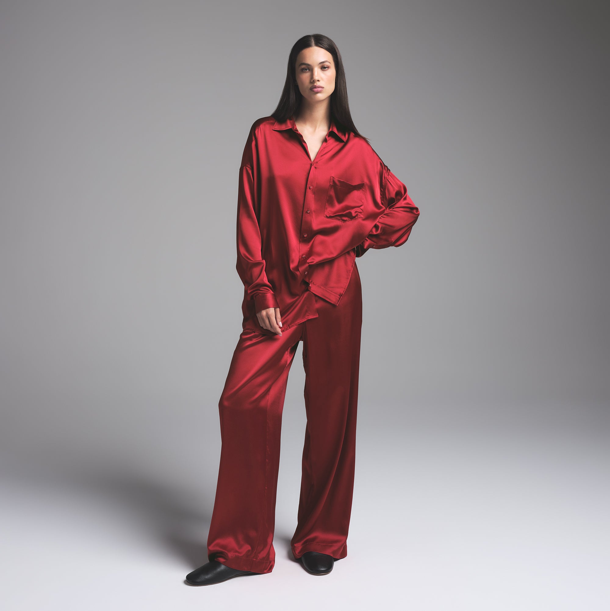 Skims Silk Oversized Long Sleep Set - Brick | Editorialist