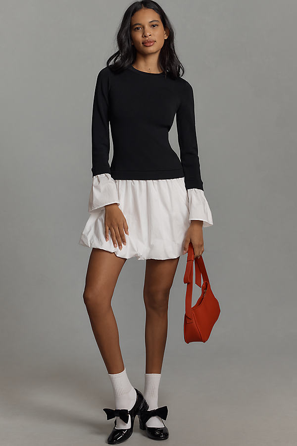 endless rose long-sleeve twofer bubble mini dress Endless Rose Long-Sleeve Twofer Bubble Mini Dress Grey White Long Sleeve $140 M