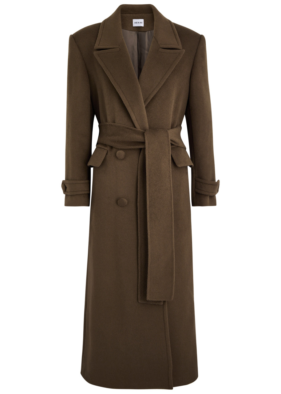 Aexae Double-Breasted Belted Wool-Blend Coat In Brown 60% Off