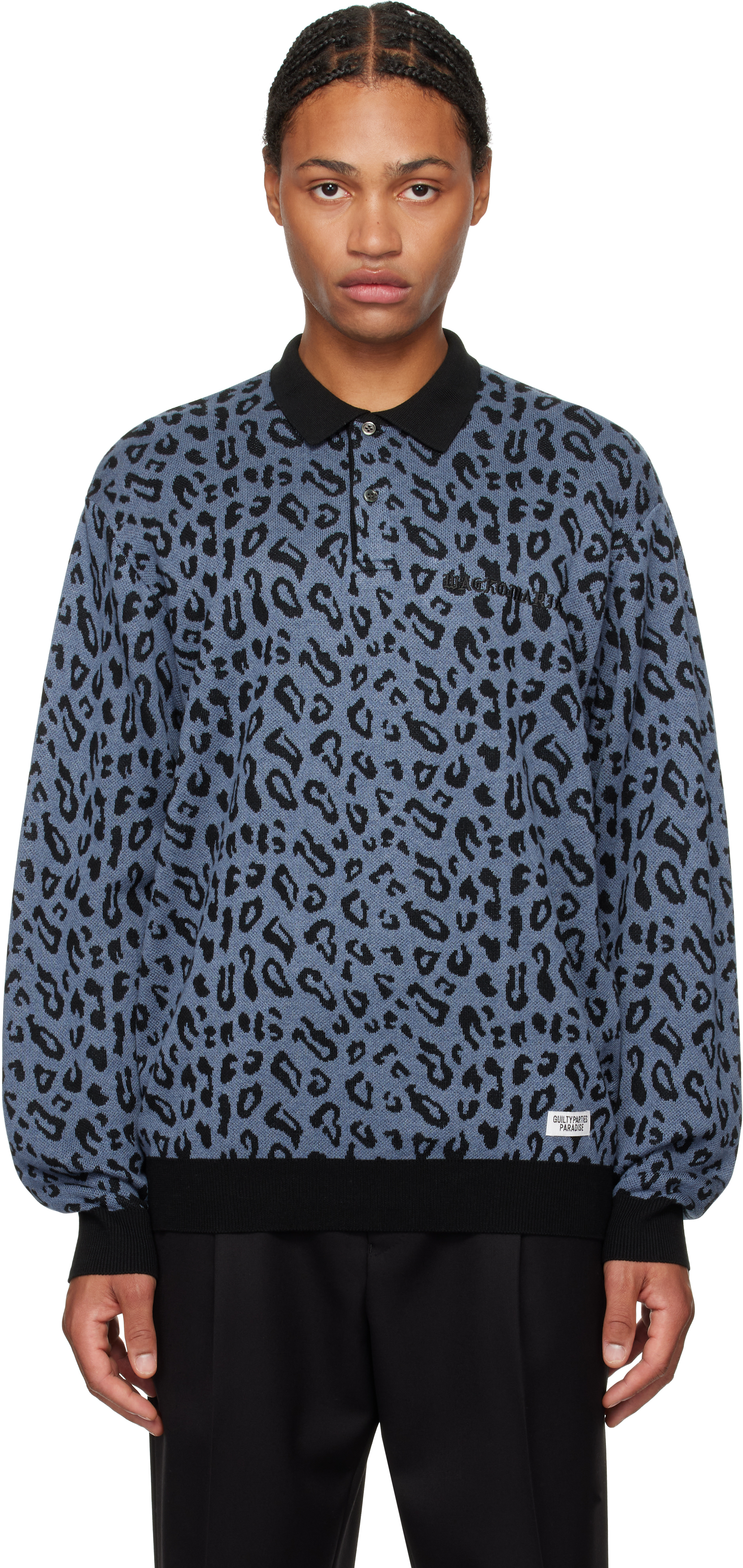 Wacko Maria Leopard Knit Polo In Blue - 53% Off | Editorialist