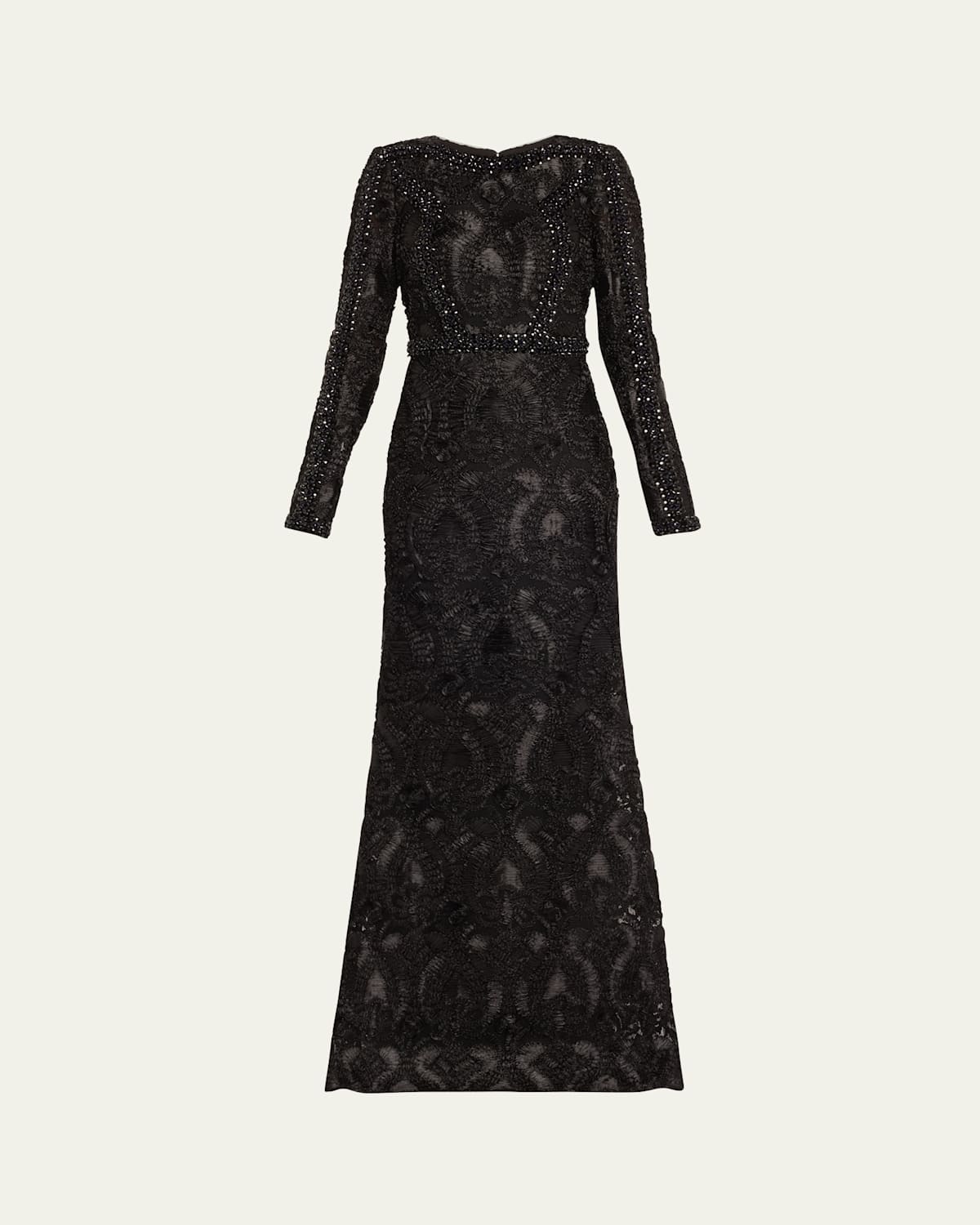 Badgley Mischka Beaded Ribbon Lace Trumpet Gown - Black | Editorialist