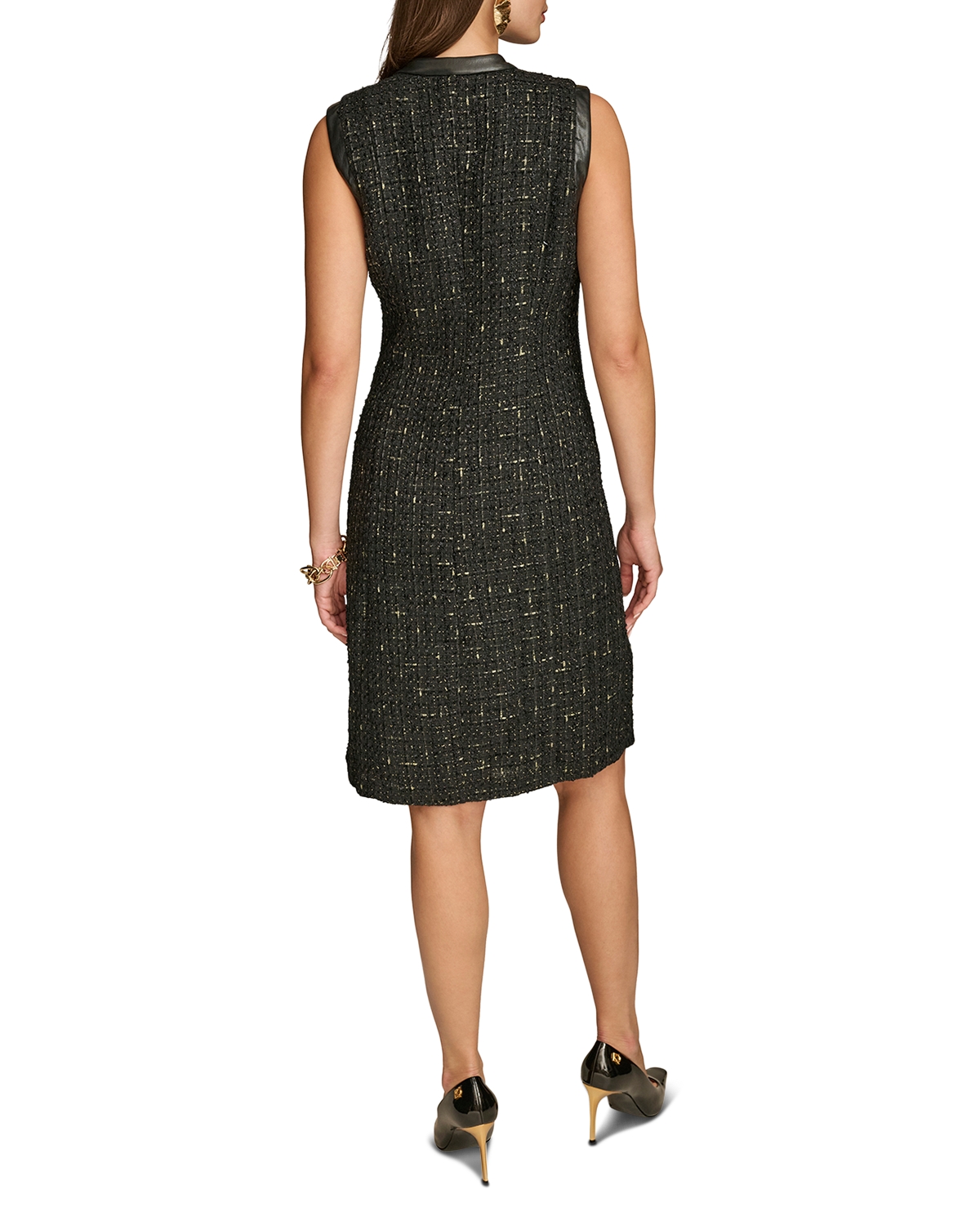 Donna Karan New York Faux Leather Tweed Shift Dress In Black/Gold - 50% Off | Editorialist Donna Karan New York Faux Leather Tweed Shift Dress In Black/Gold - 50% Off | Editorialist
