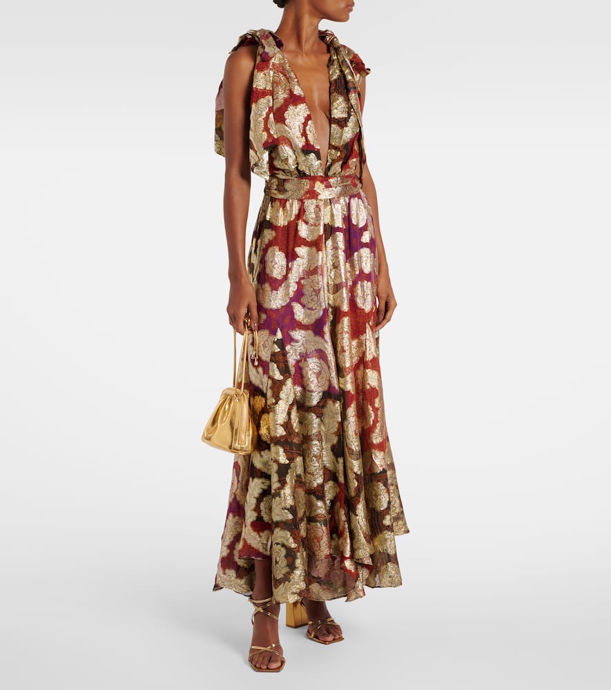 farm rio metallic dress Farm Rio Lamé Jacquard Maxi Dress - Beige