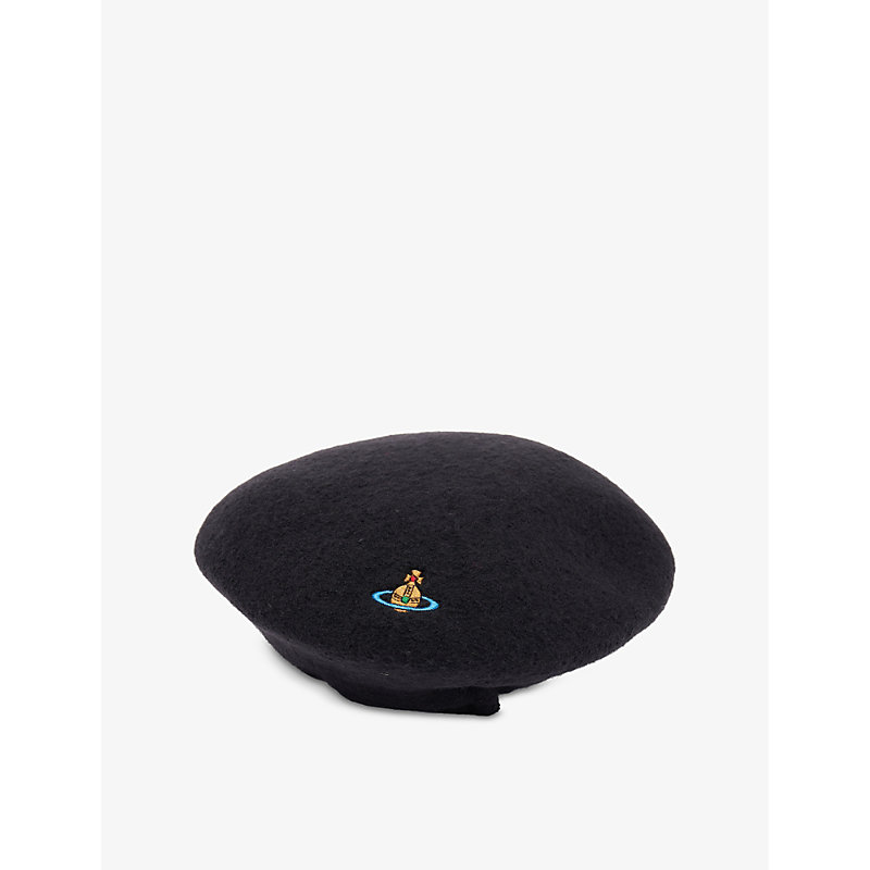 Vivienne Westwood Uni Logo-Embroidery Wool Beret - Black