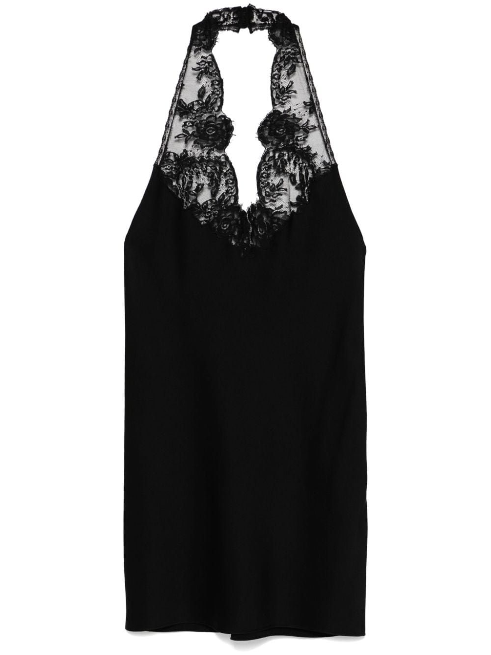 saint laurent lace mini dress Lace-trimmed ribbed silk-jersey mini dress - neutral