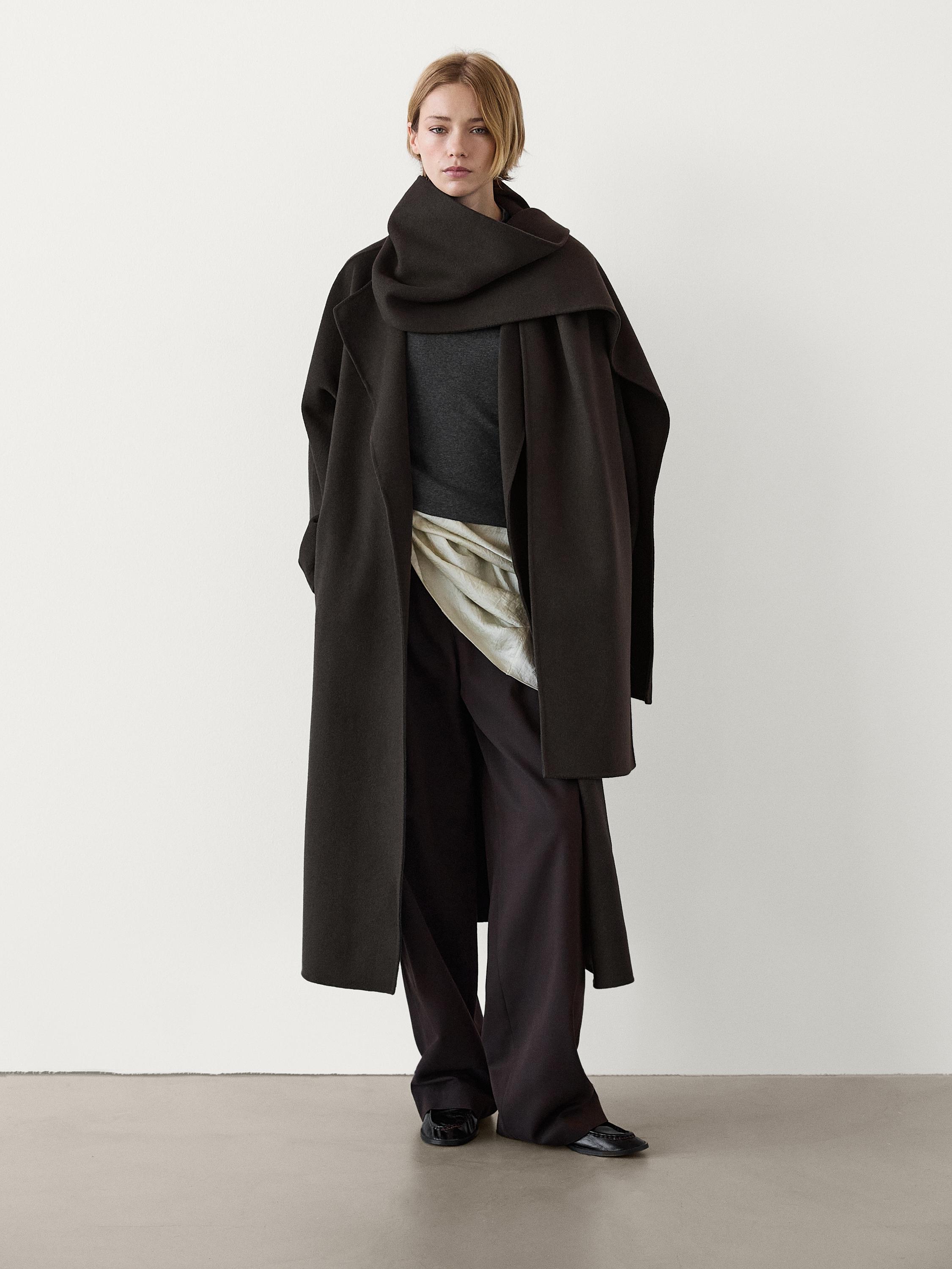 Massimo Dutti Wool Blend Coat With Scarf - Brown | Editorialist