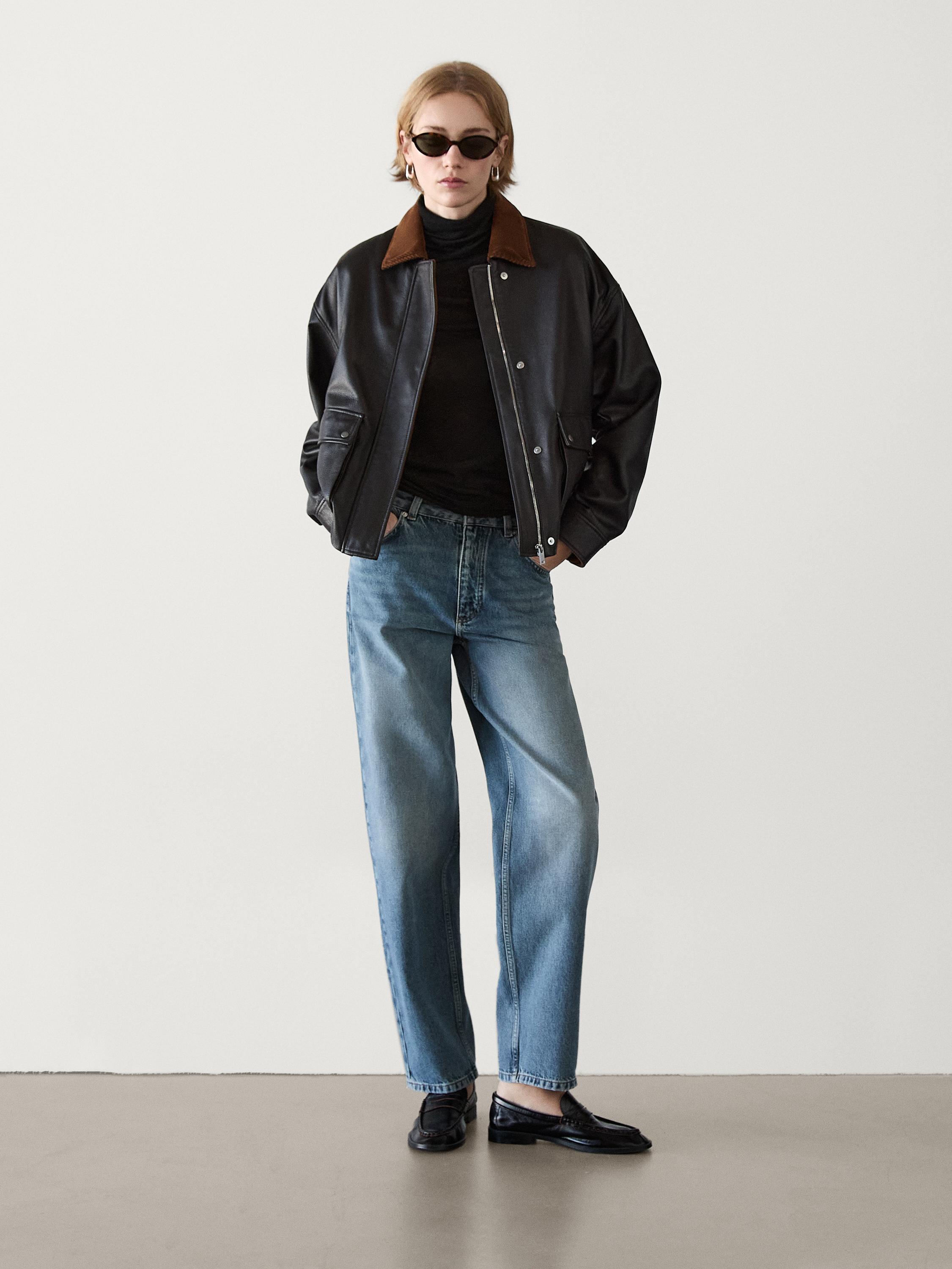 Massimo Dutti Nappa Leather Jacket With Corduroy Collar - Black