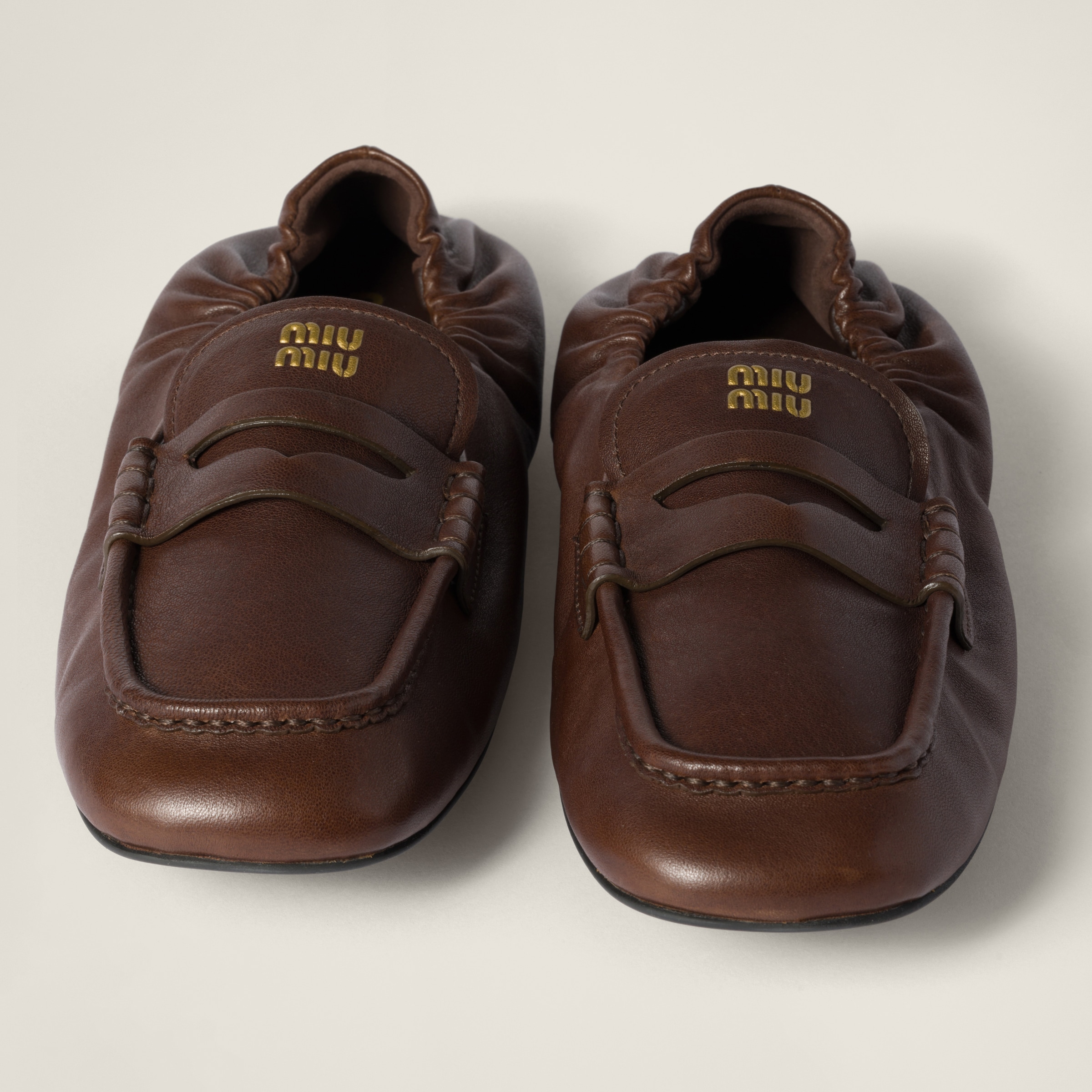Miu Miu Rouched back Nappa Leather Brown Loafers Miu Miu Leather Casual Derby Loafers | Neiman Marcus main image 3