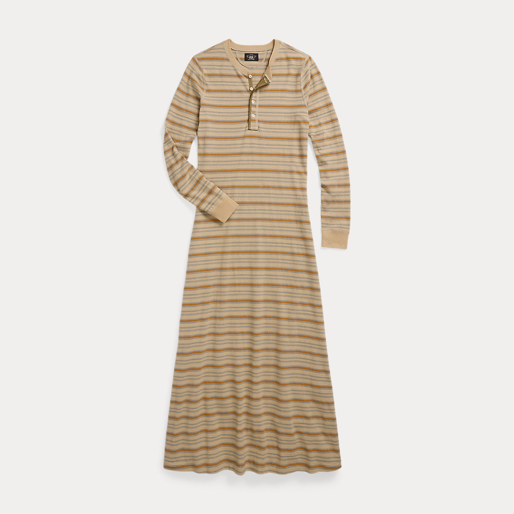 Ralph Lauren Striped Jacquard-Knit Henley Dress In Khaki/Multi