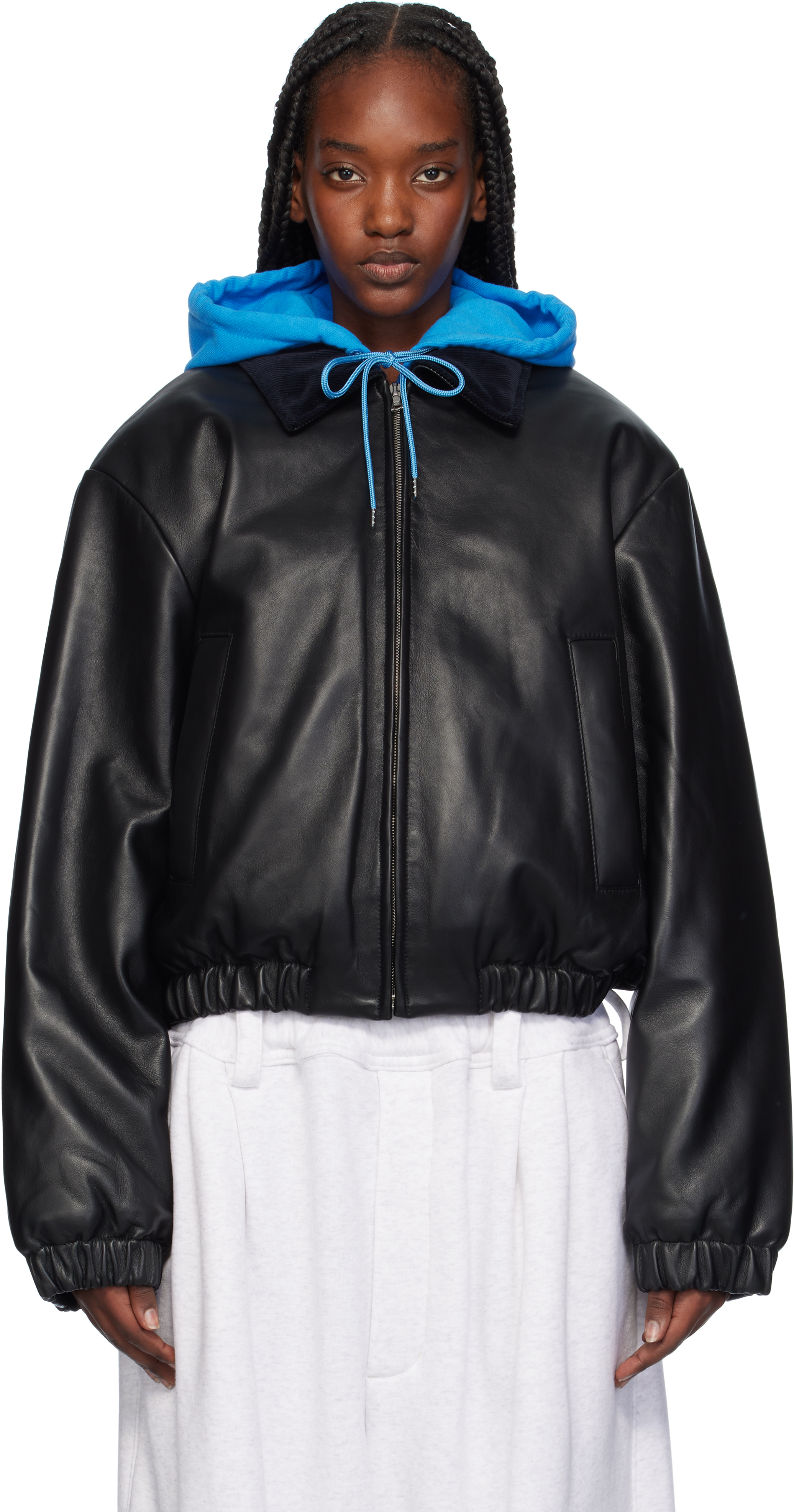 Meryll Rogge Layered Leather Bomber Jacket In Black/Blue - 50% Off 