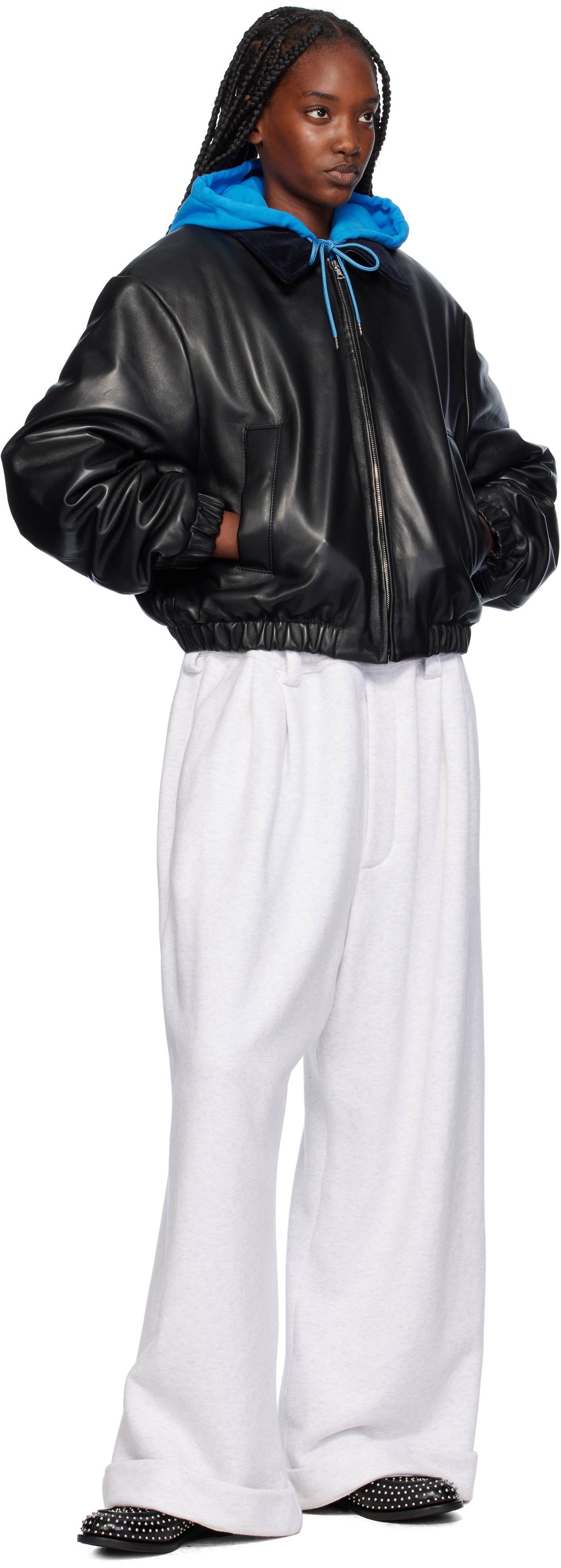 Meryll Rogge Layered Leather Bomber Jacket In Black/Blue - 50% Off 